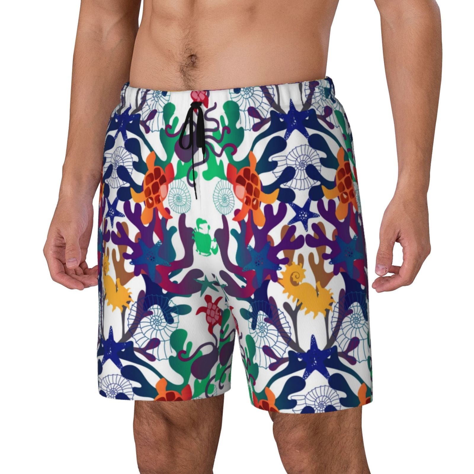 Junzan Starfish And Turtle Print Swim Trunks Men Swim Shorts with Built ...