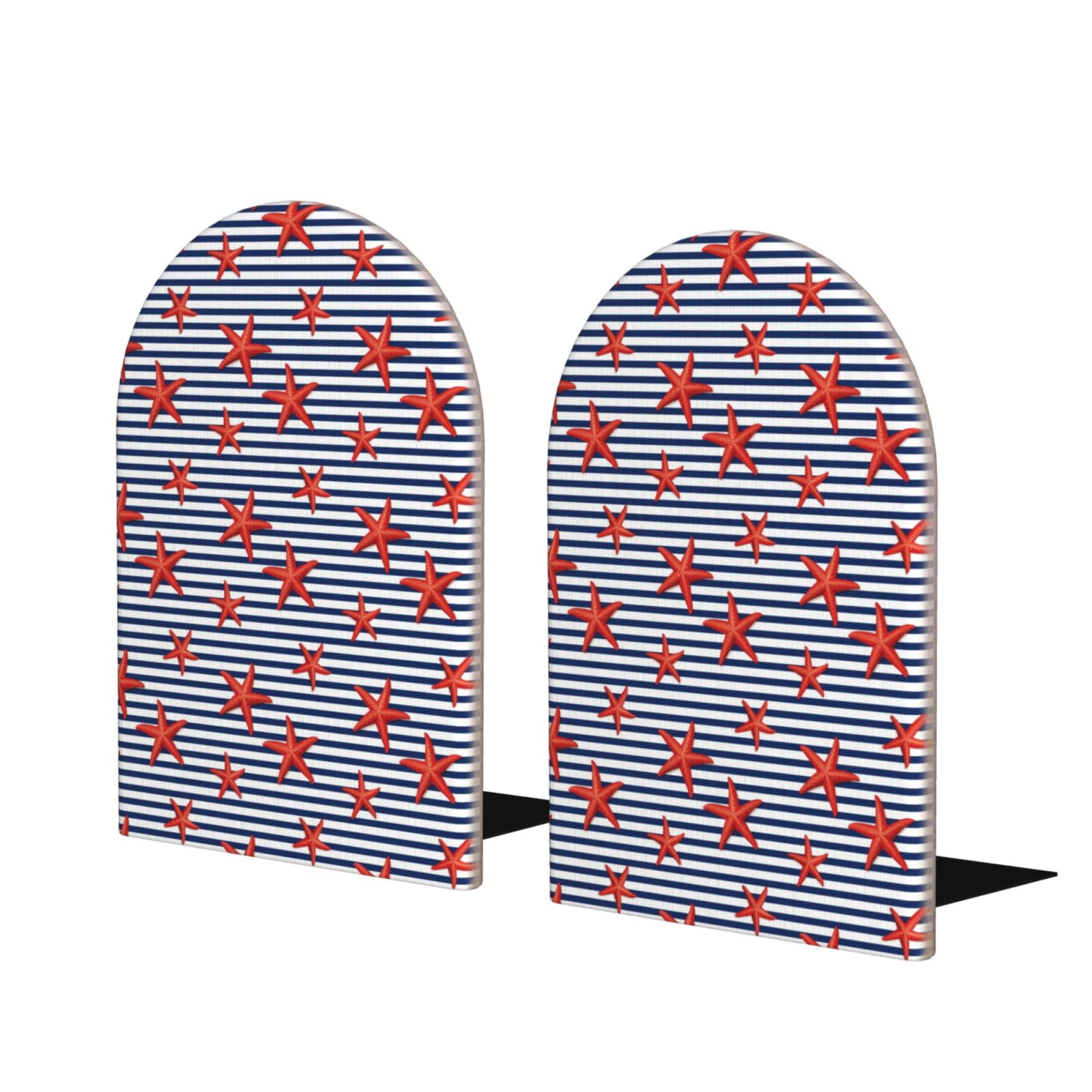 Junzan Starfish Navy Blue Stripe for Wood Bookends,1 Pair Book Ends for ...
