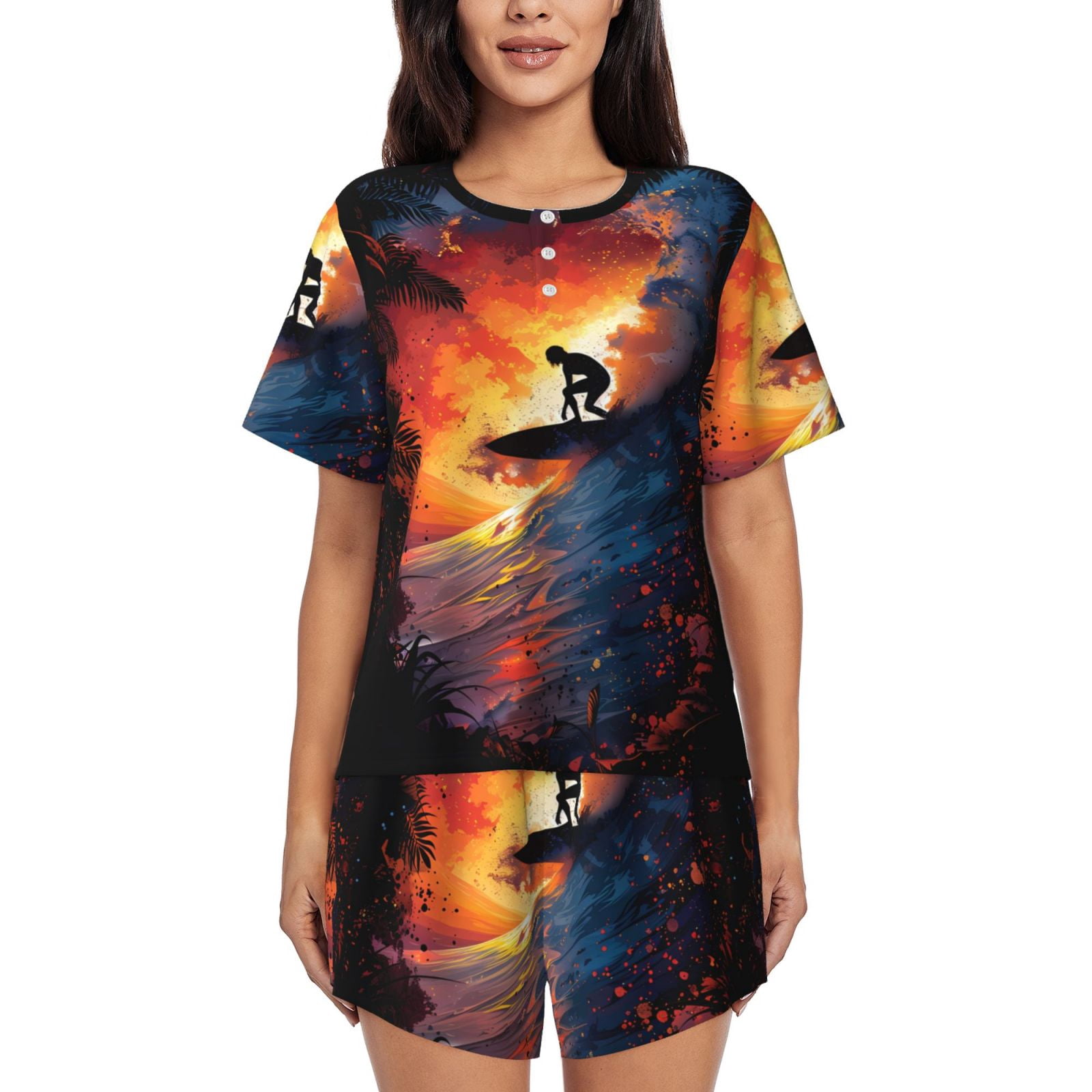 Junzan Sunset Surfing Silhouette for Short-Sleeved Pajama Set for Women ...
