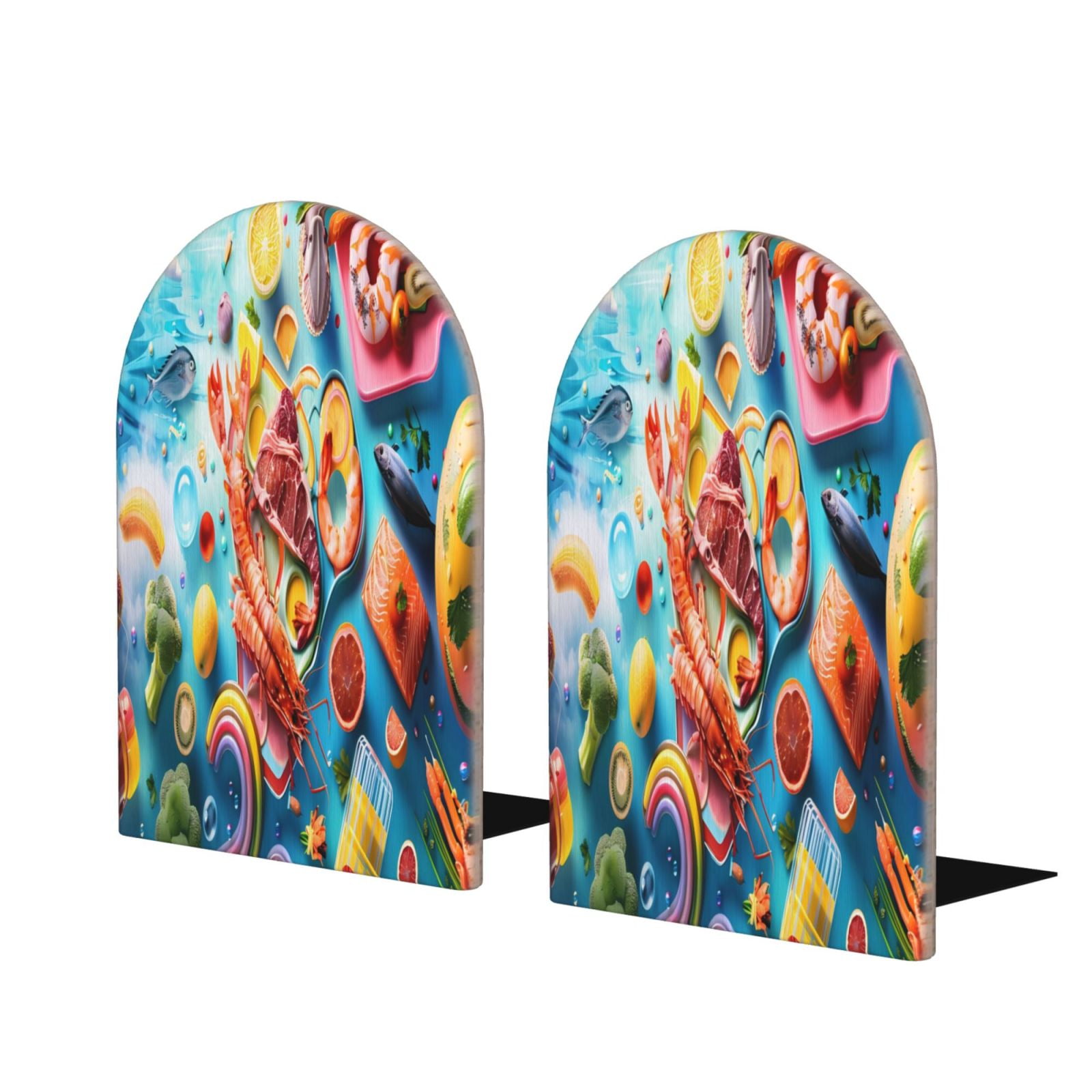 Junzan Surreal Seafood Extravaganza for Wood Bookends,1 Pair Book Ends ...