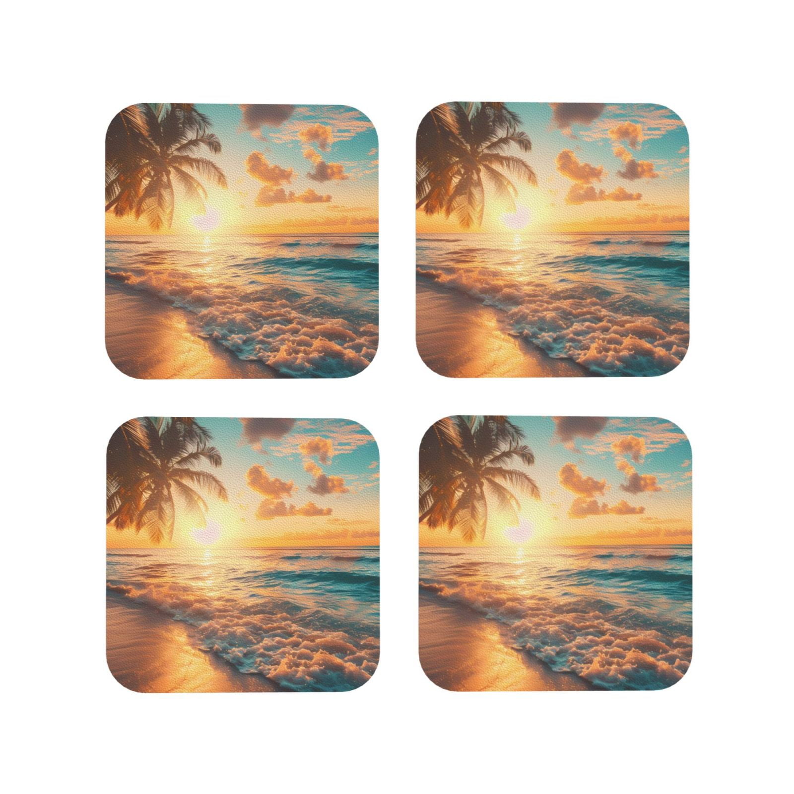 Junzan Tropical Sunset Beach Scene Print Coasters for Drinks - Leather ...
