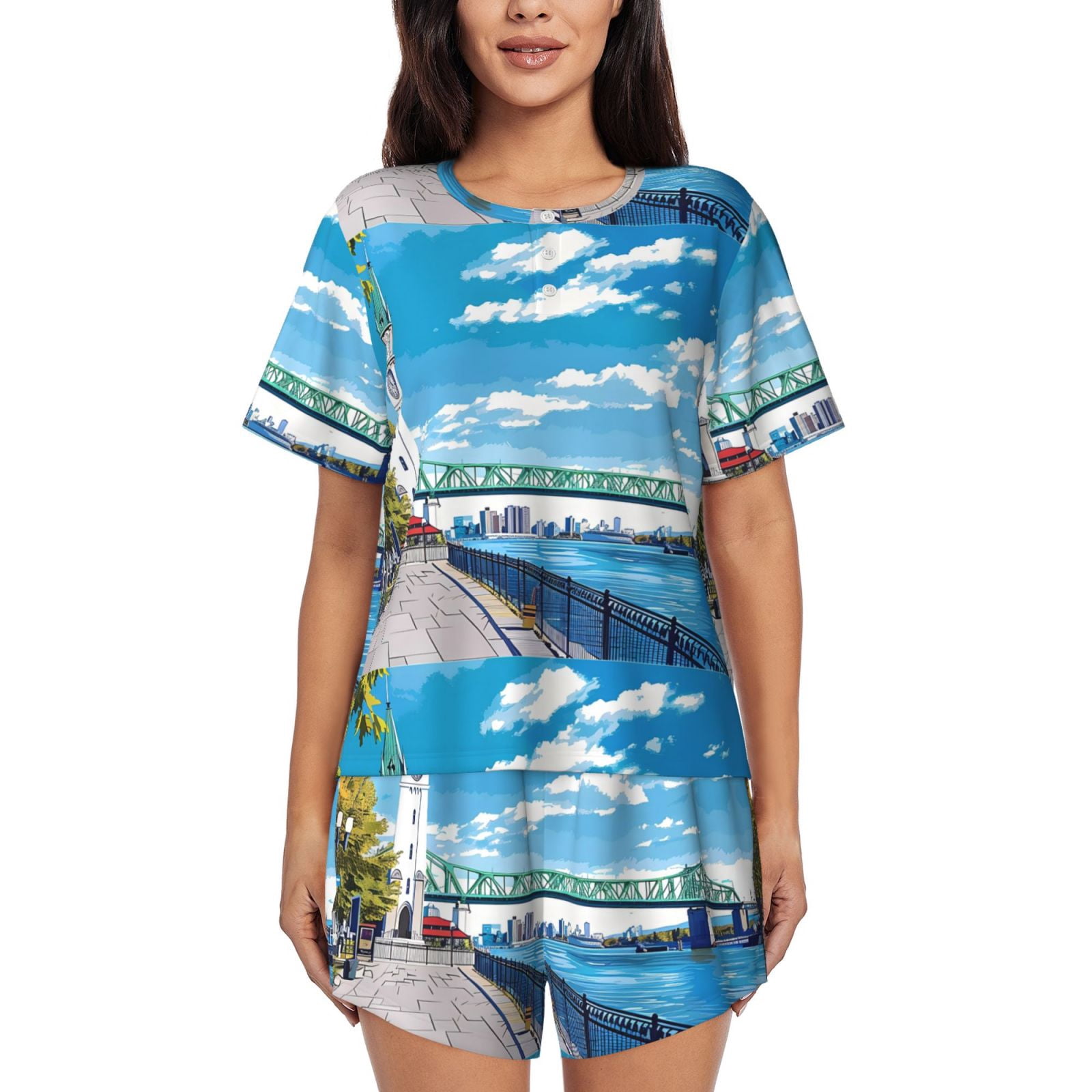 Junzan Urban Riverside Clock Tower for Short-Sleeved Pajama Set for ...