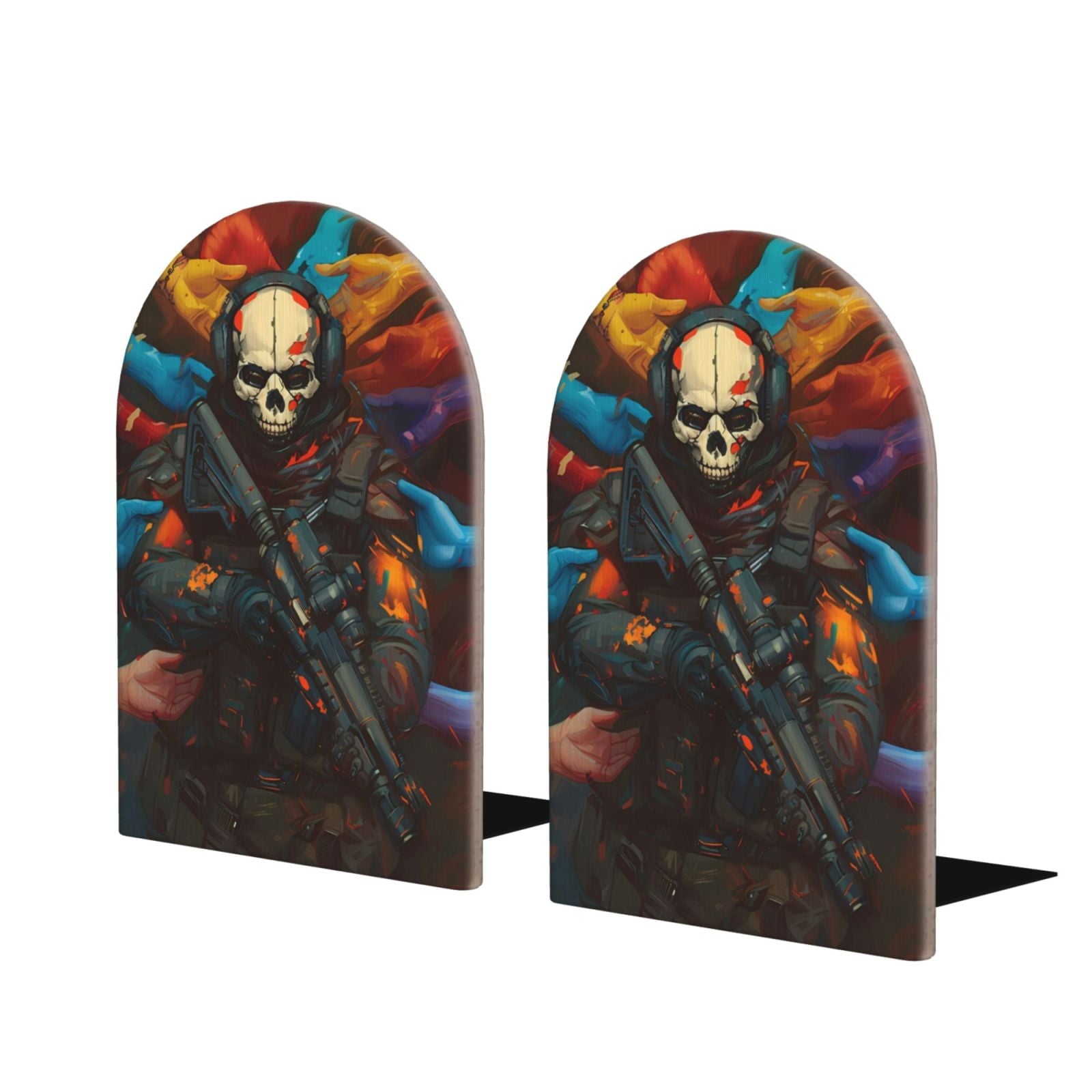 Junzan Vibrant Skull Soldier for Wood Bookends,1 Pair Book Ends for ...