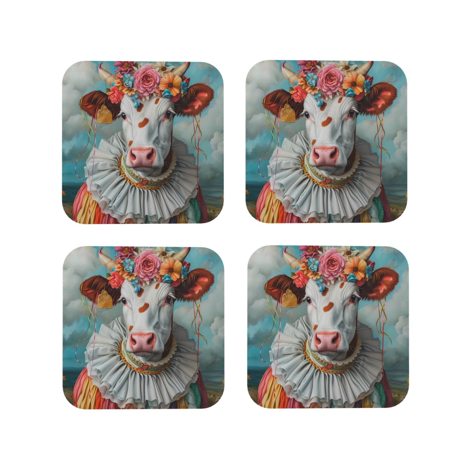 Junzan Vintage Colorful Floral Cow Print Coasters for Drinks - Leather ...