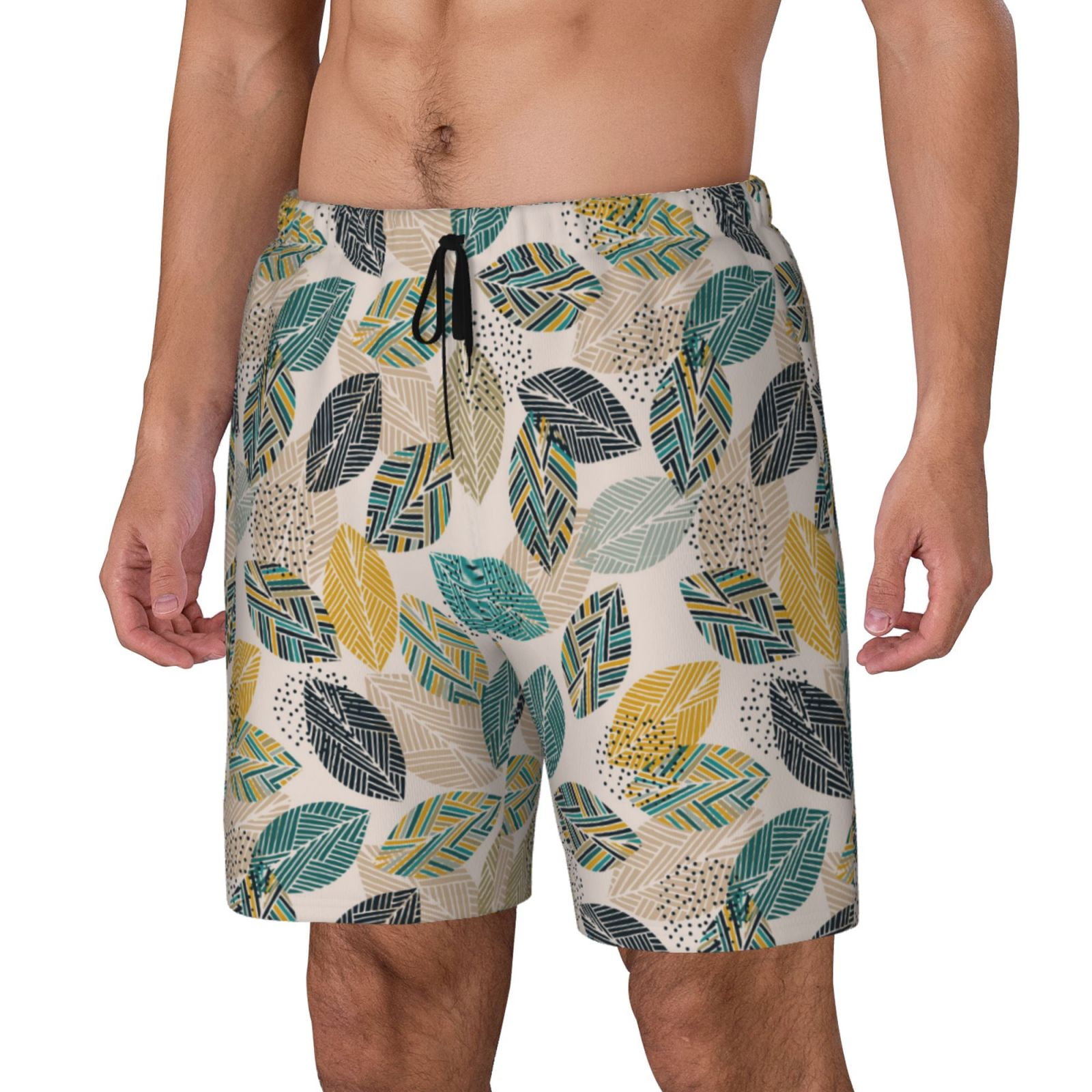 Junzan Vintage Leaves Print Swim Trunks Men Swim Shorts with Built-in ...