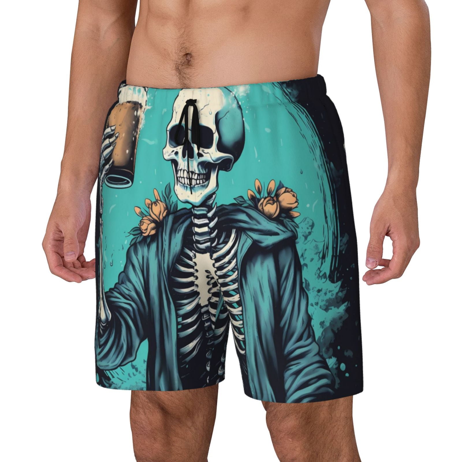 Junzan Vintage Skull Beer Print Swim Trunks Men Swim Shorts with Built ...