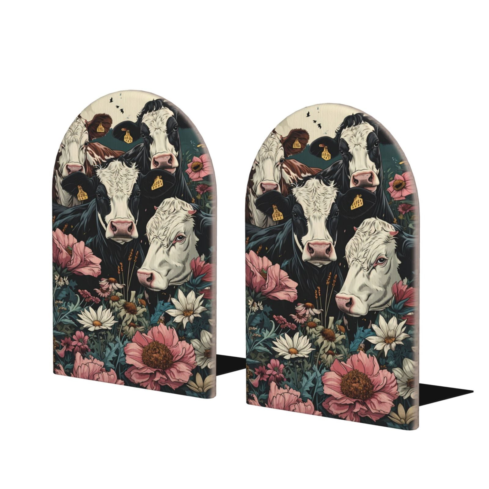 Junzan Vintage Sunflower Cow for Wood Bookends,1 Pair Book Ends for ...