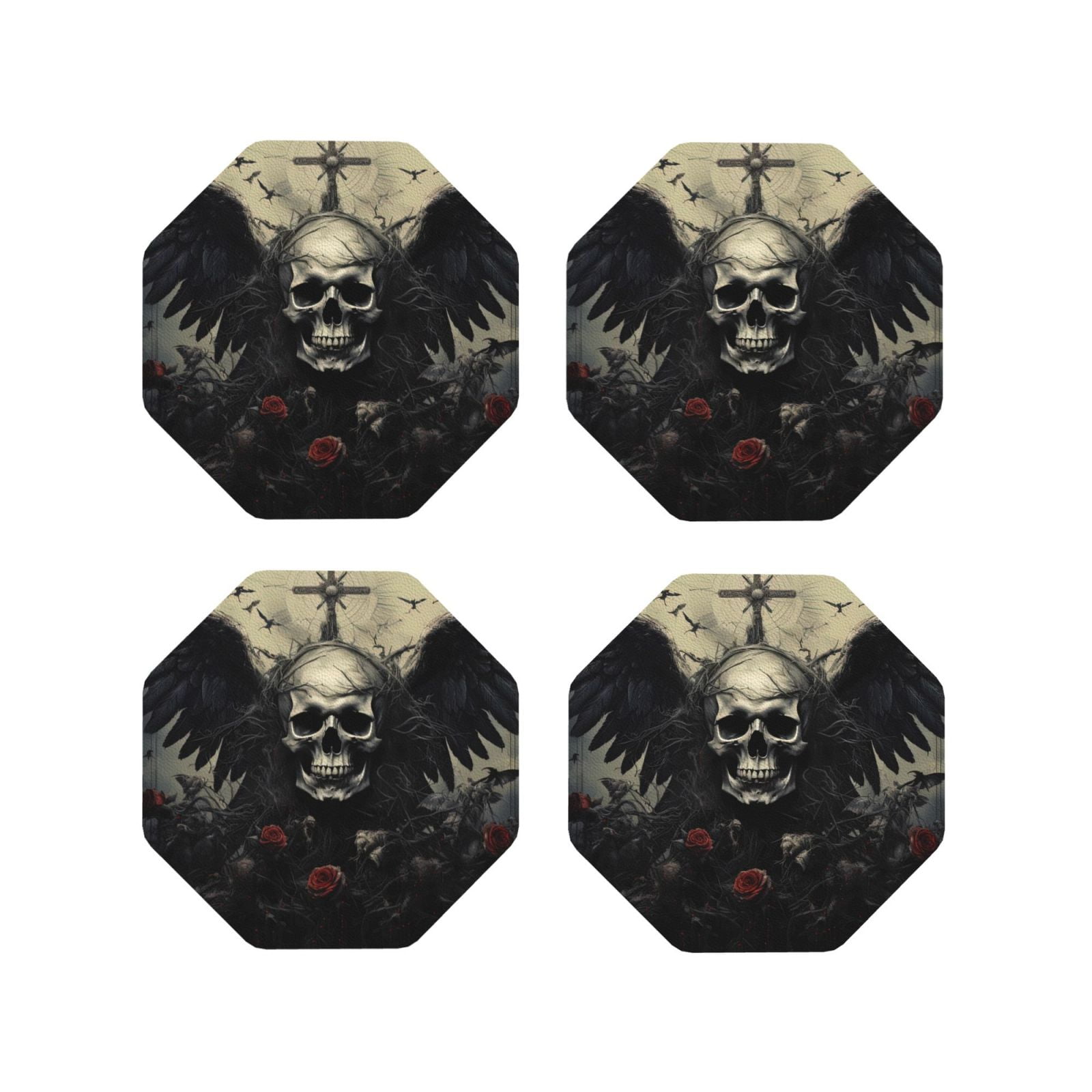 Junzan Vintage Winged Rose Skull Print Coasters for Drinks - Leather ...