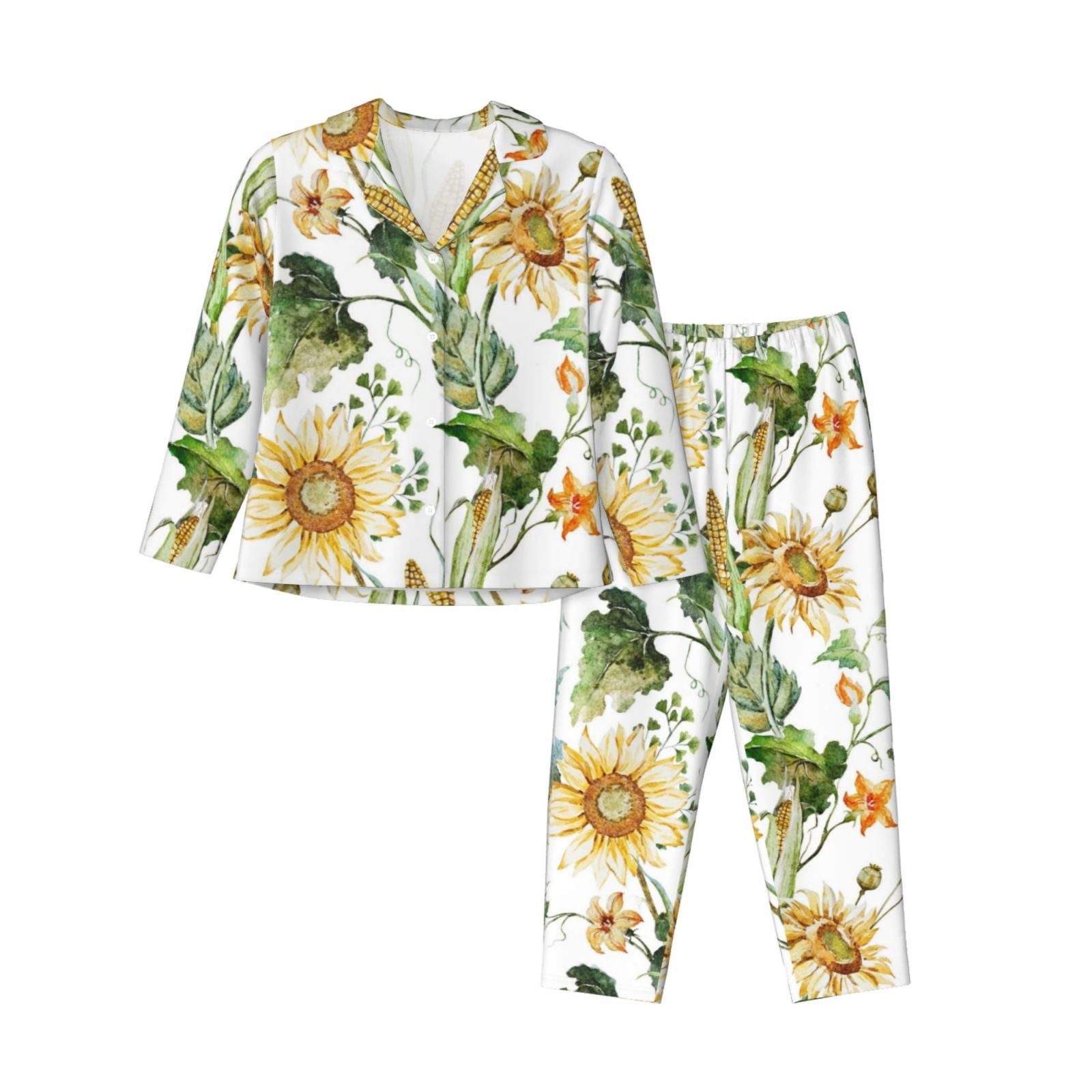 Junzan Watercolor Bright Sunflowers Print Womens Pajama Sets,Long ...