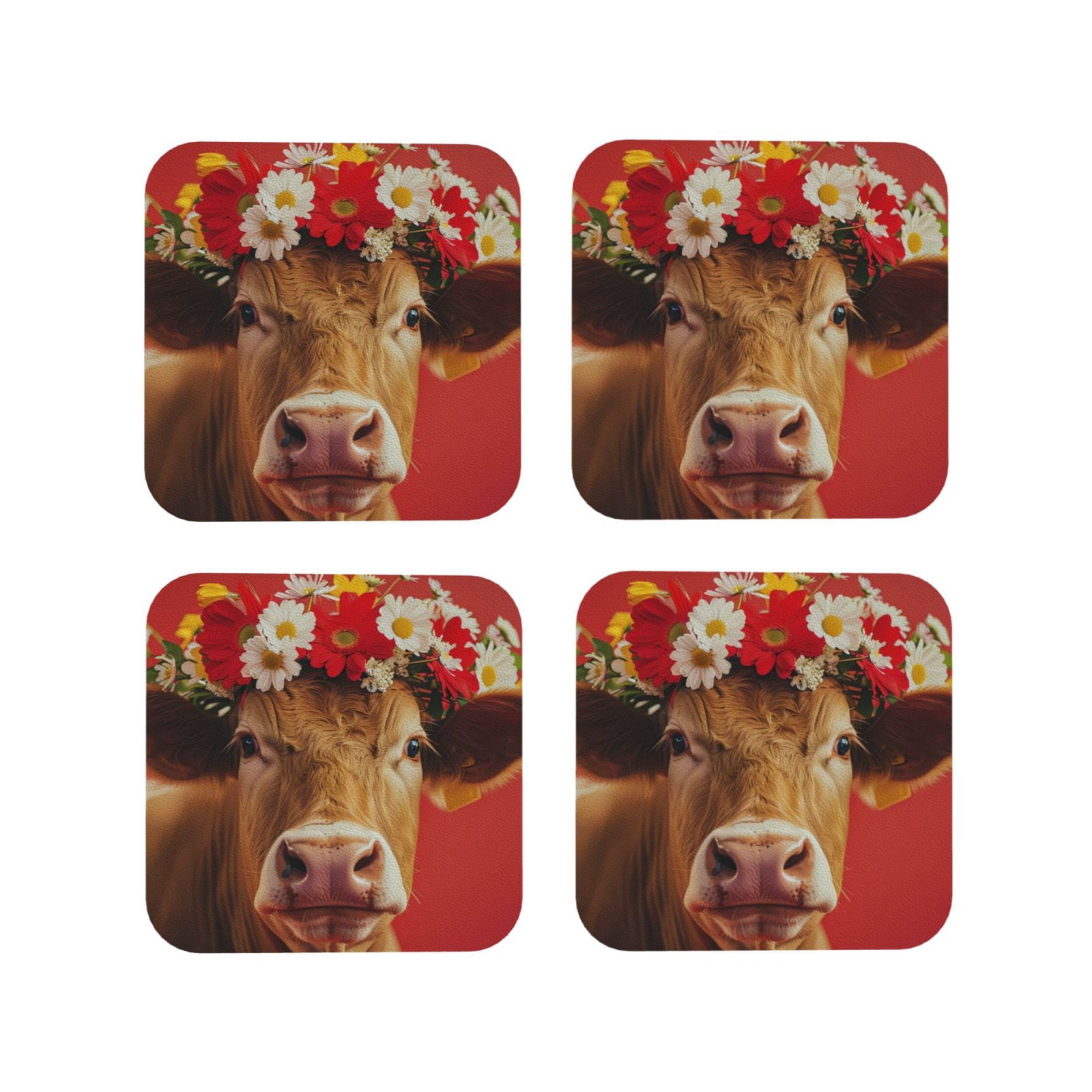 Junzan White And Red Daisy Cow Print Coasters for Drinks - Leather ...