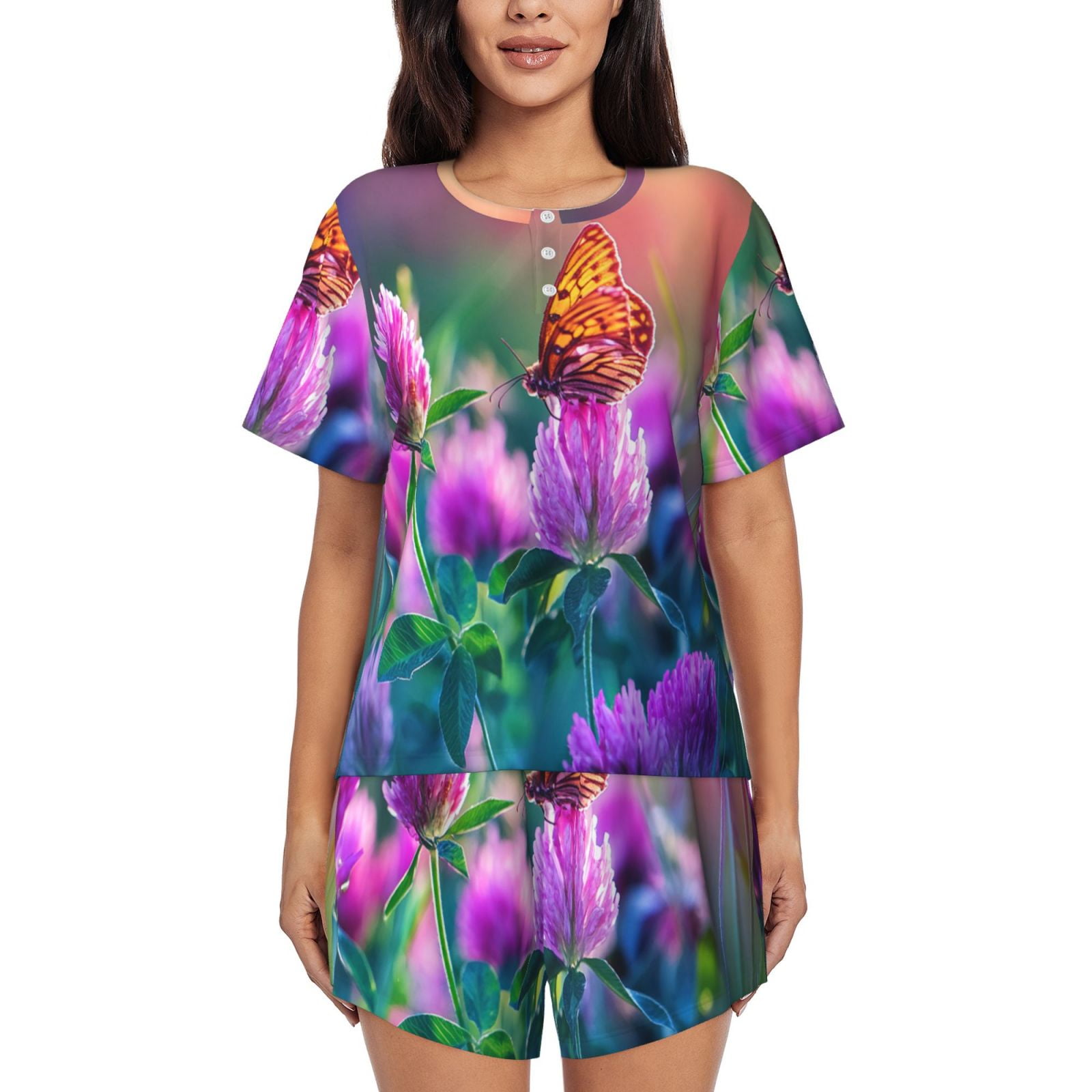 Junzan Wild flowers of clover and butterfly Pattern Short-Sleeved ...