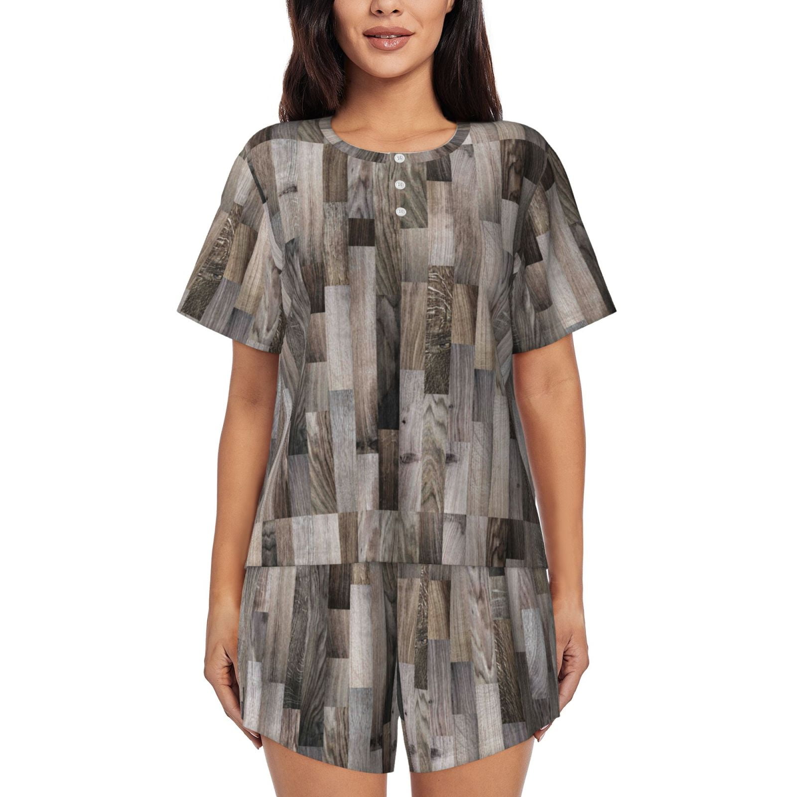 Junzan Wooden Texture for Short-Sleeved Pajama Set for Women,2 Piece ...