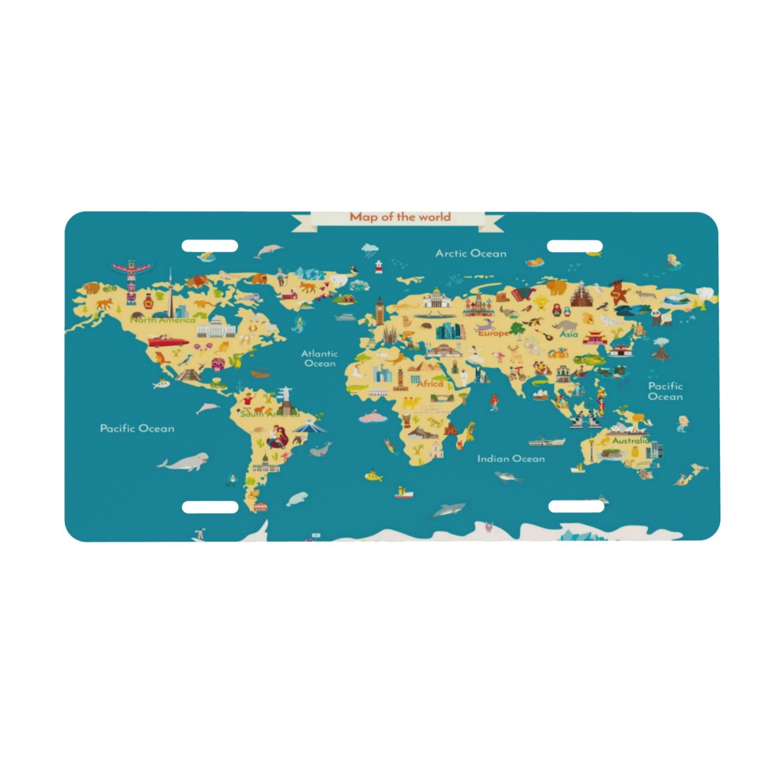 Junzan World Map With Landmarks Front License Plate Covers Decorative ...