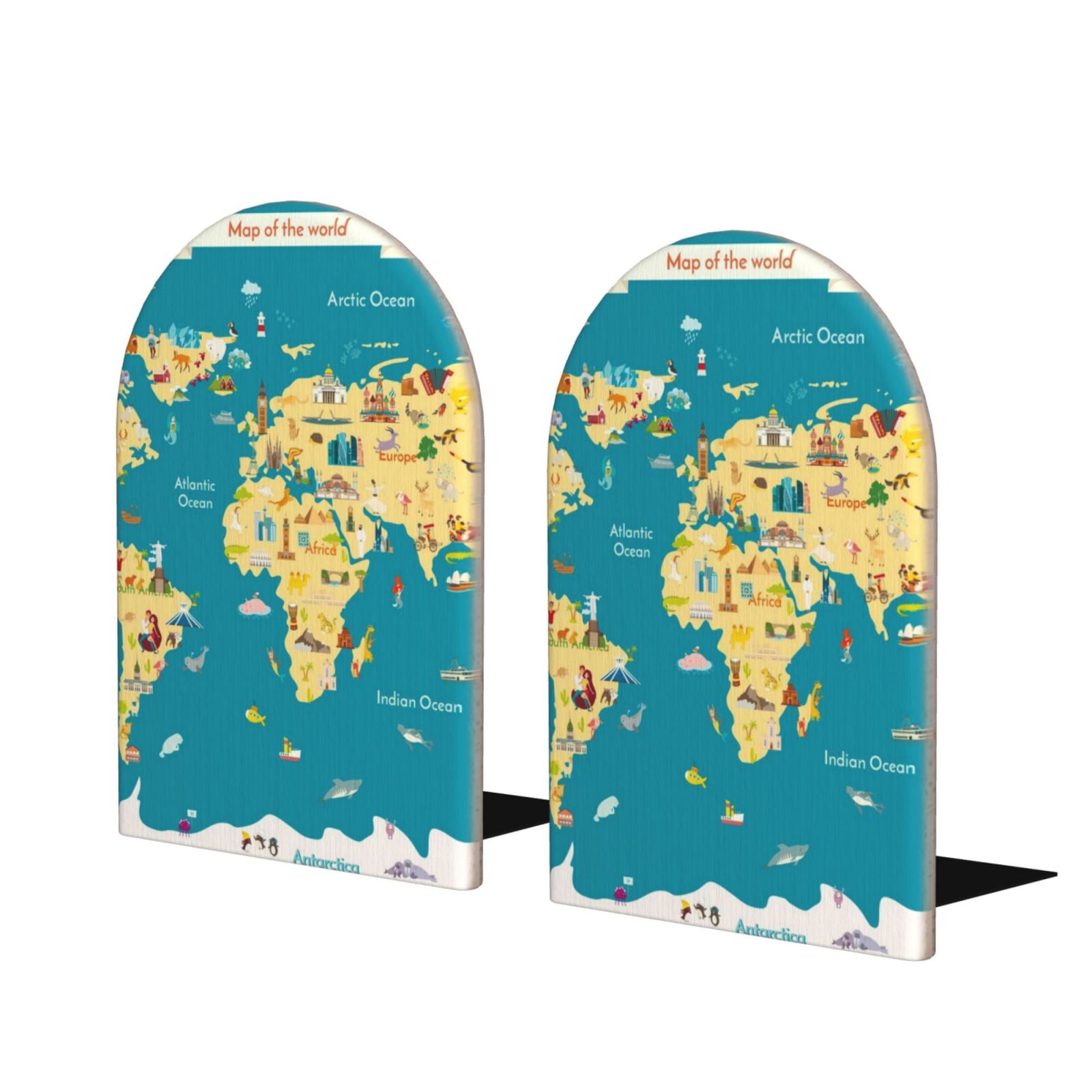 Junzan World Map With Landmarks for Wood Bookends,1 Pair Book Ends for ...