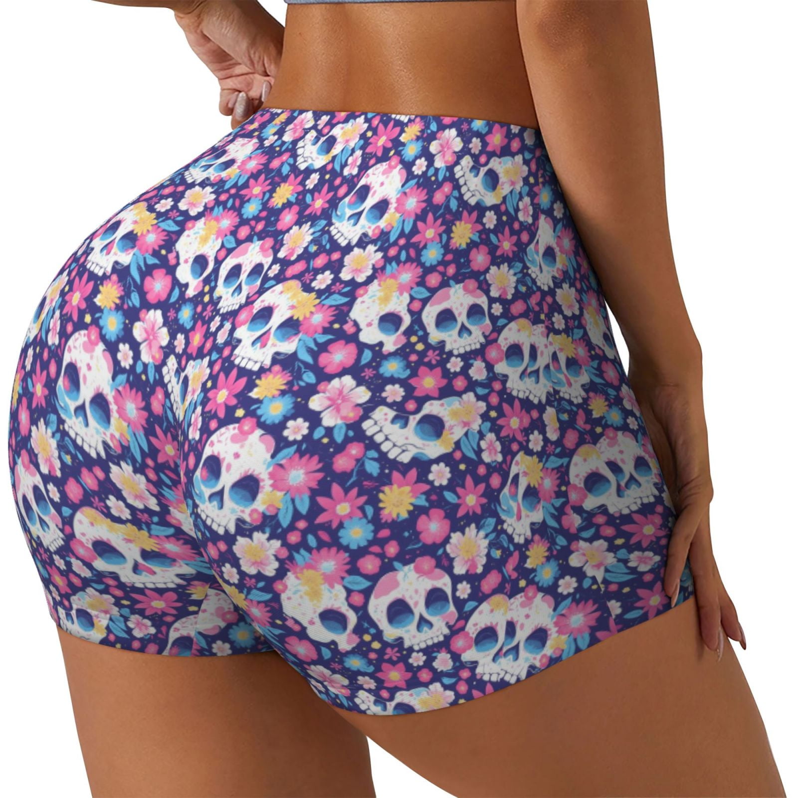 Junzan blue flower Skull colorful Pattern Women Workout Impact Shorts,Scrunch Short Gym Yoga ...