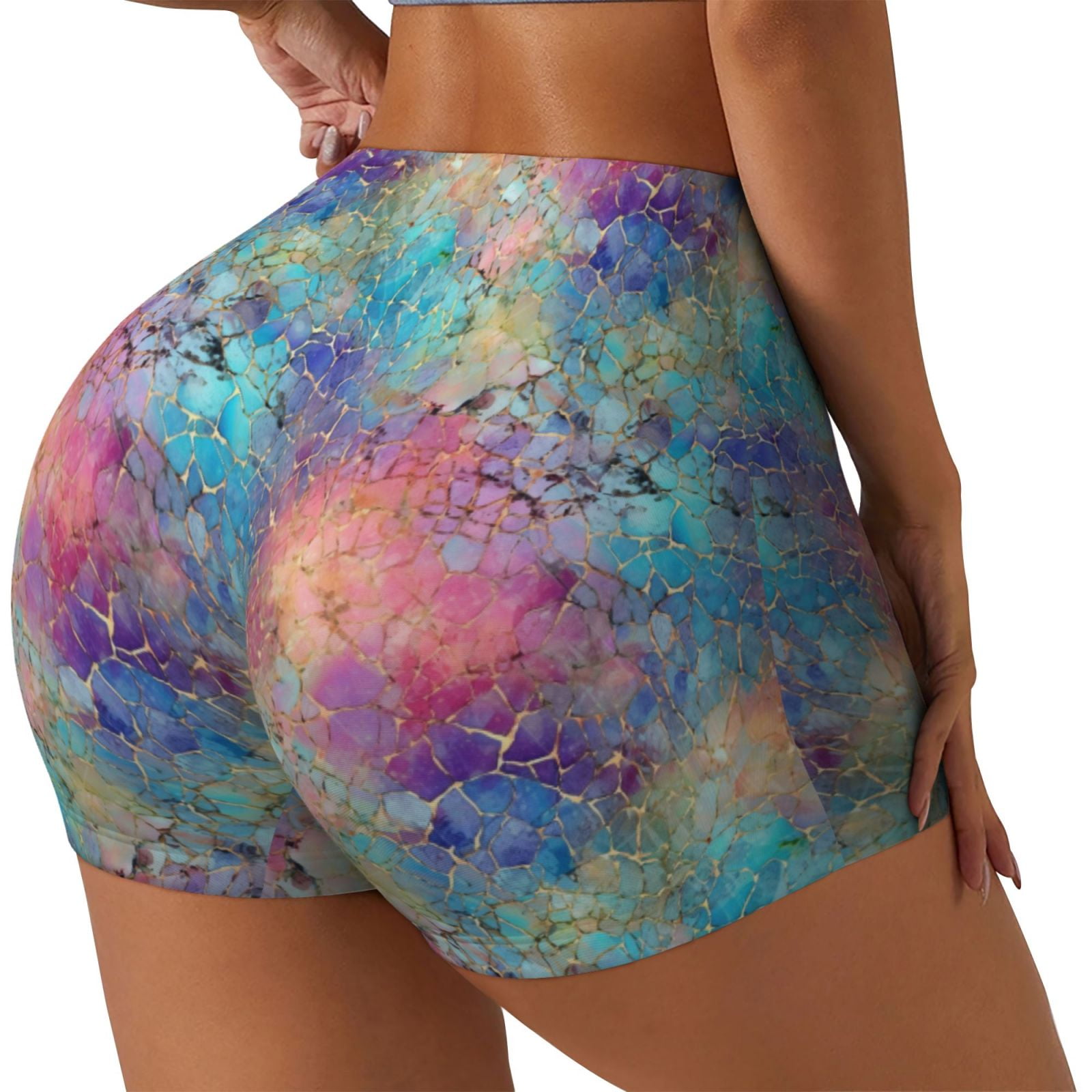 Junzan blue pink colorful cracked texture Pattern Women Workout Impact Shorts,Scrunch Short Gym ...