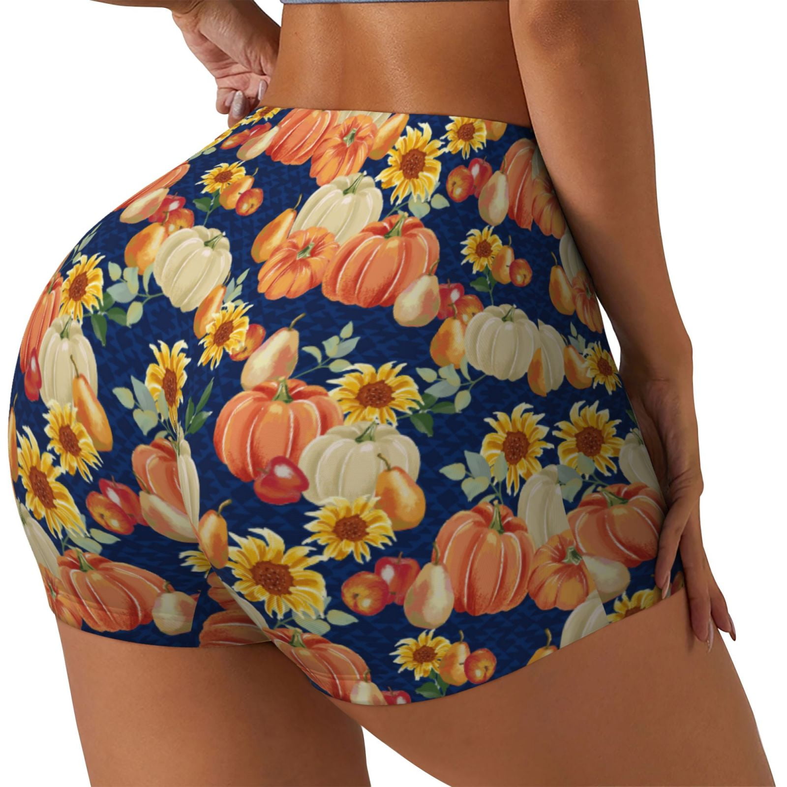 Junzan fall Pumpkin Daisy Pattern Women Workout Impact Shorts,Scrunch Short Gym Yoga Running ...