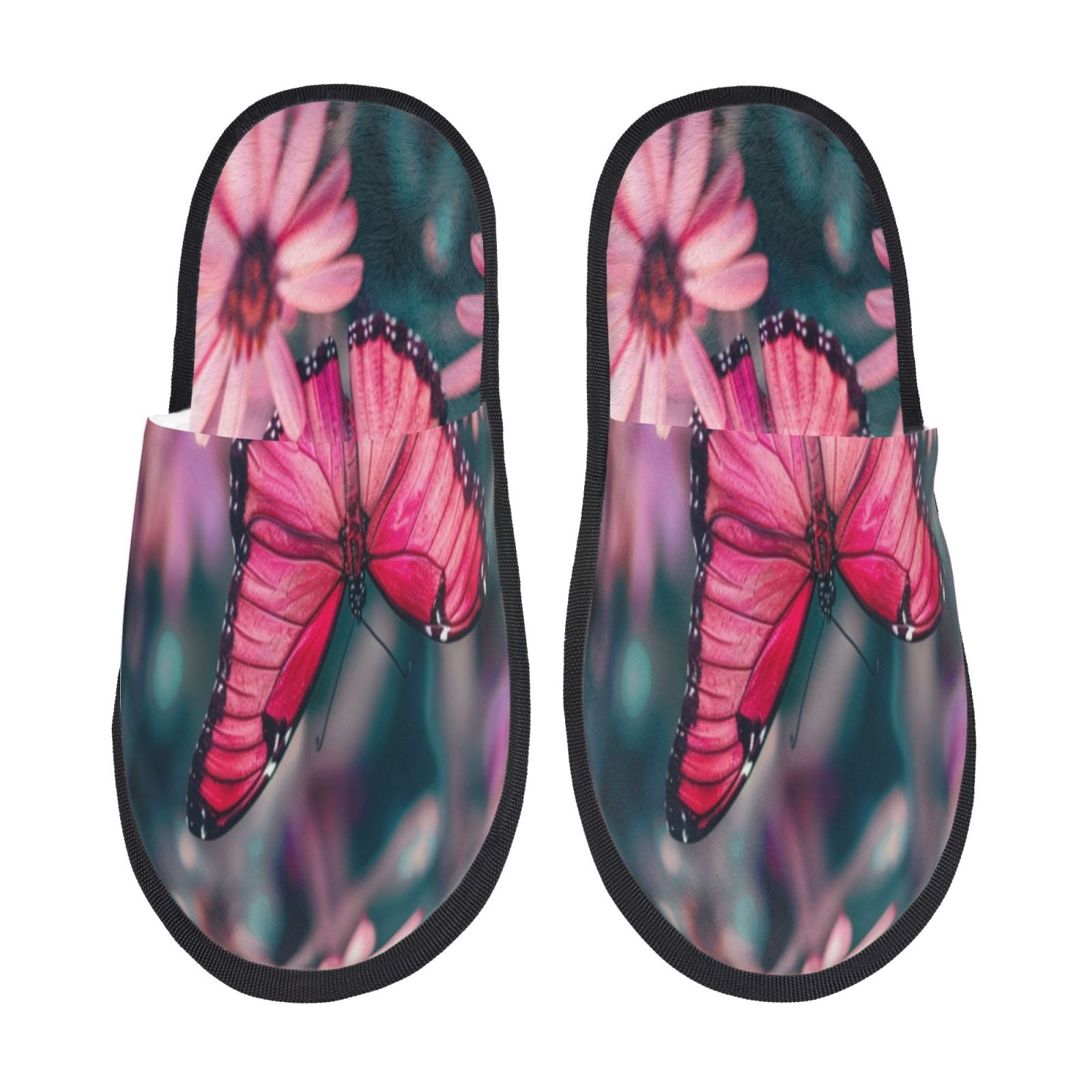 Junzan pink butterfly Fuzzy Feet Slippers for Women,House Shoes Non ...
