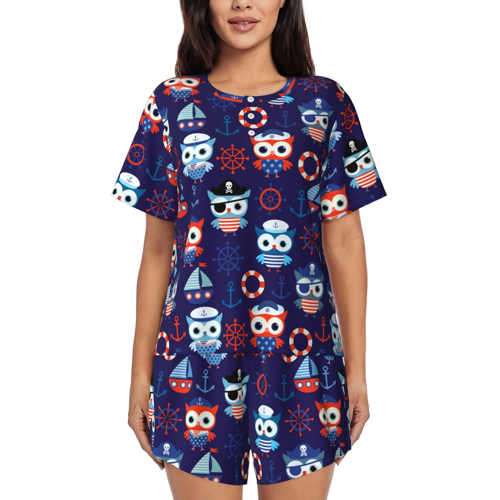 Junzan pirate owls and boats Pattern Short-Sleeved Pajama Set for Women ...