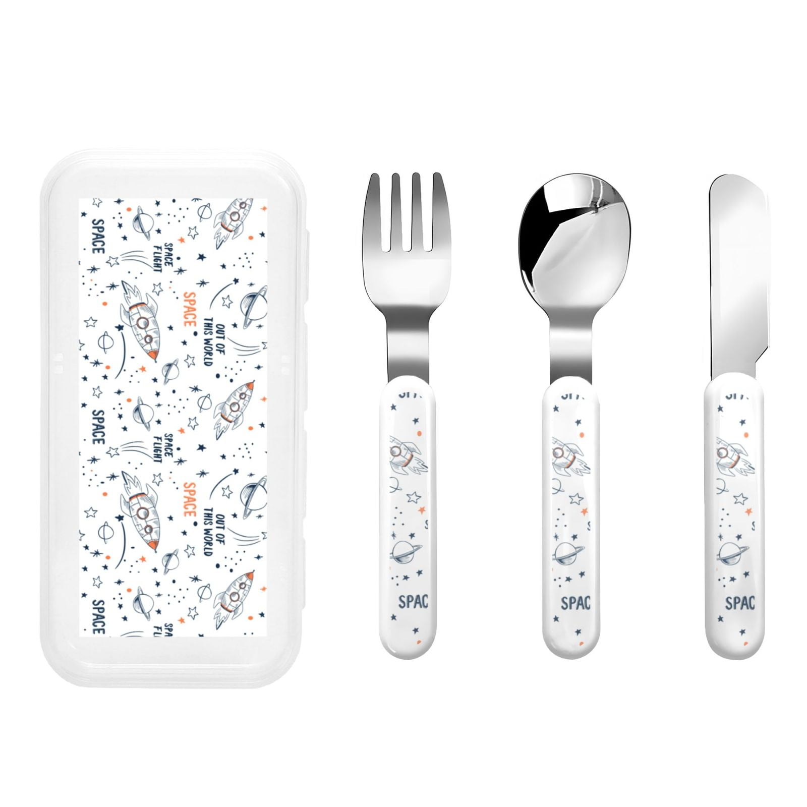 Juoritu Children's Knife, Fork, and Spoon Set - Cartoon Space Rocket ...