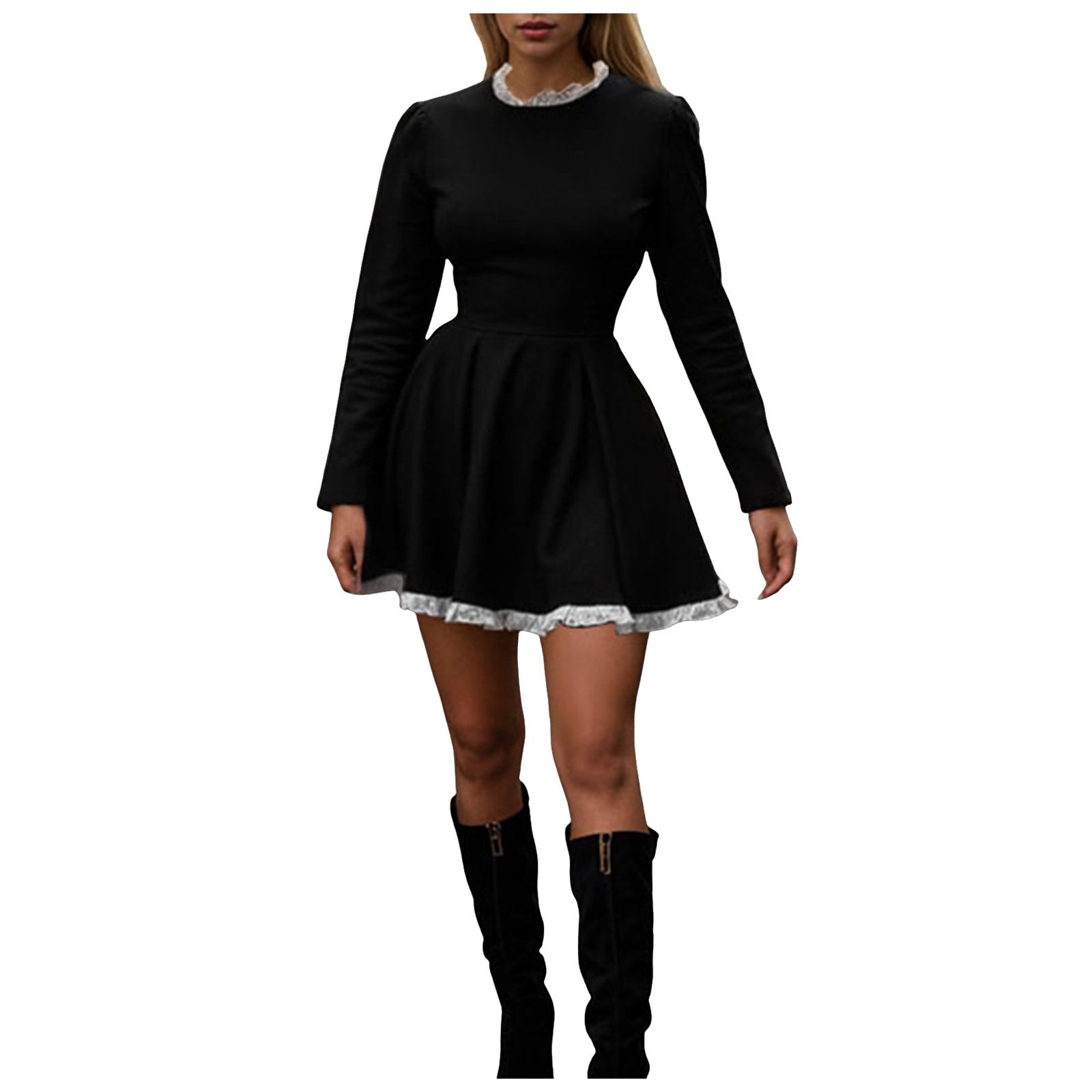 Juosiy Ladies Lace Neck Patchwork A Line Long Sleeved Dress Autumn and ...