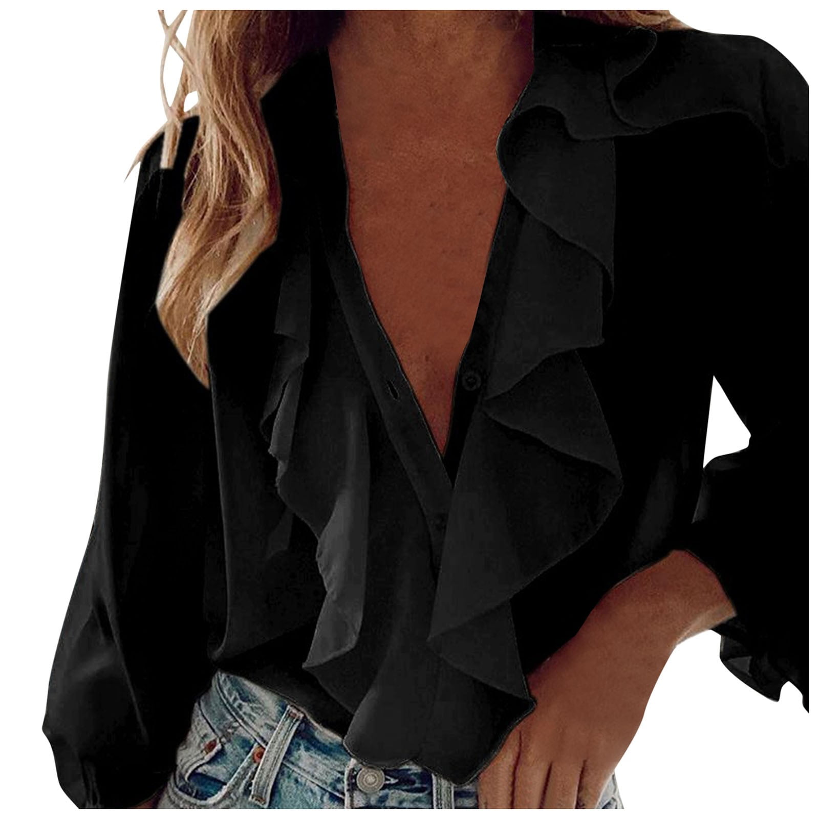 Juosiy Women Elegant Loose Ruffled V Neck Blouse Tops Casual Floral ...