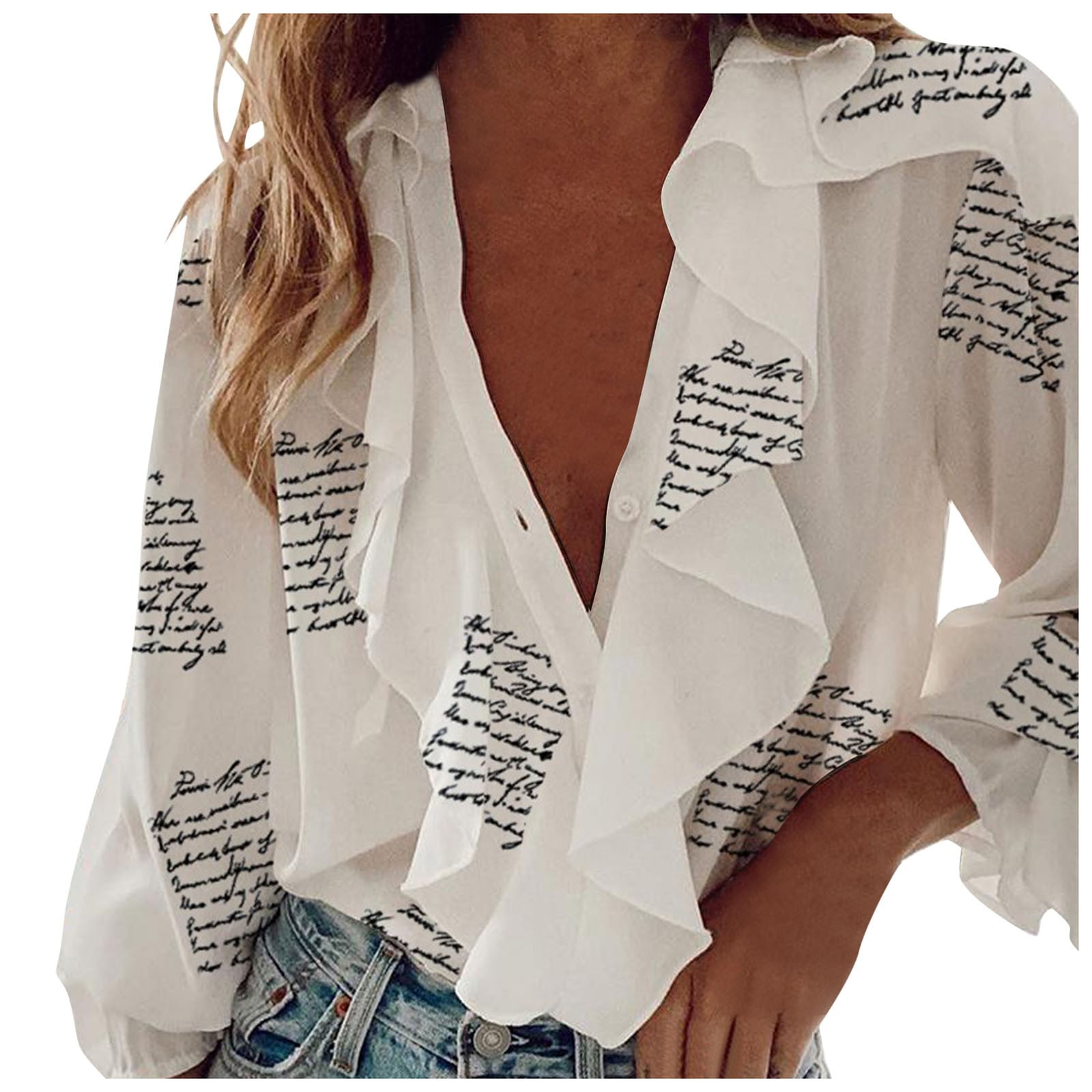 Juosiy Women Elegant Loose Ruffled V Neck Blouse Tops Casual Floral ...