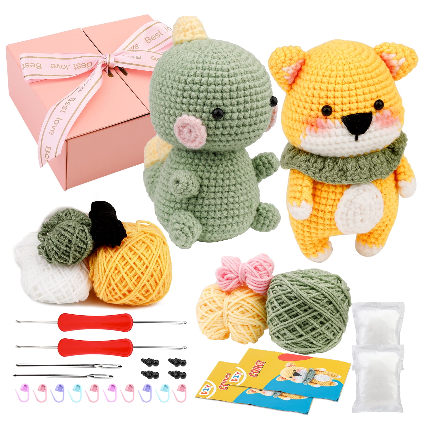 Jupean Beginners Crochet Kit, 2 Pack Cute Small Animals Kit for ...