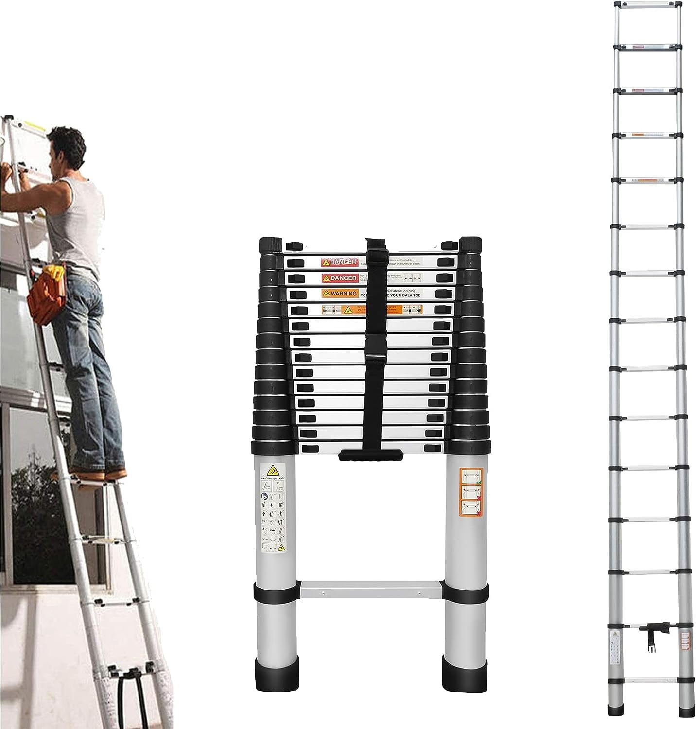 14.4FT Telescopic Aluminum Ladder, Lightweight, Collapsible, 330lbs ...