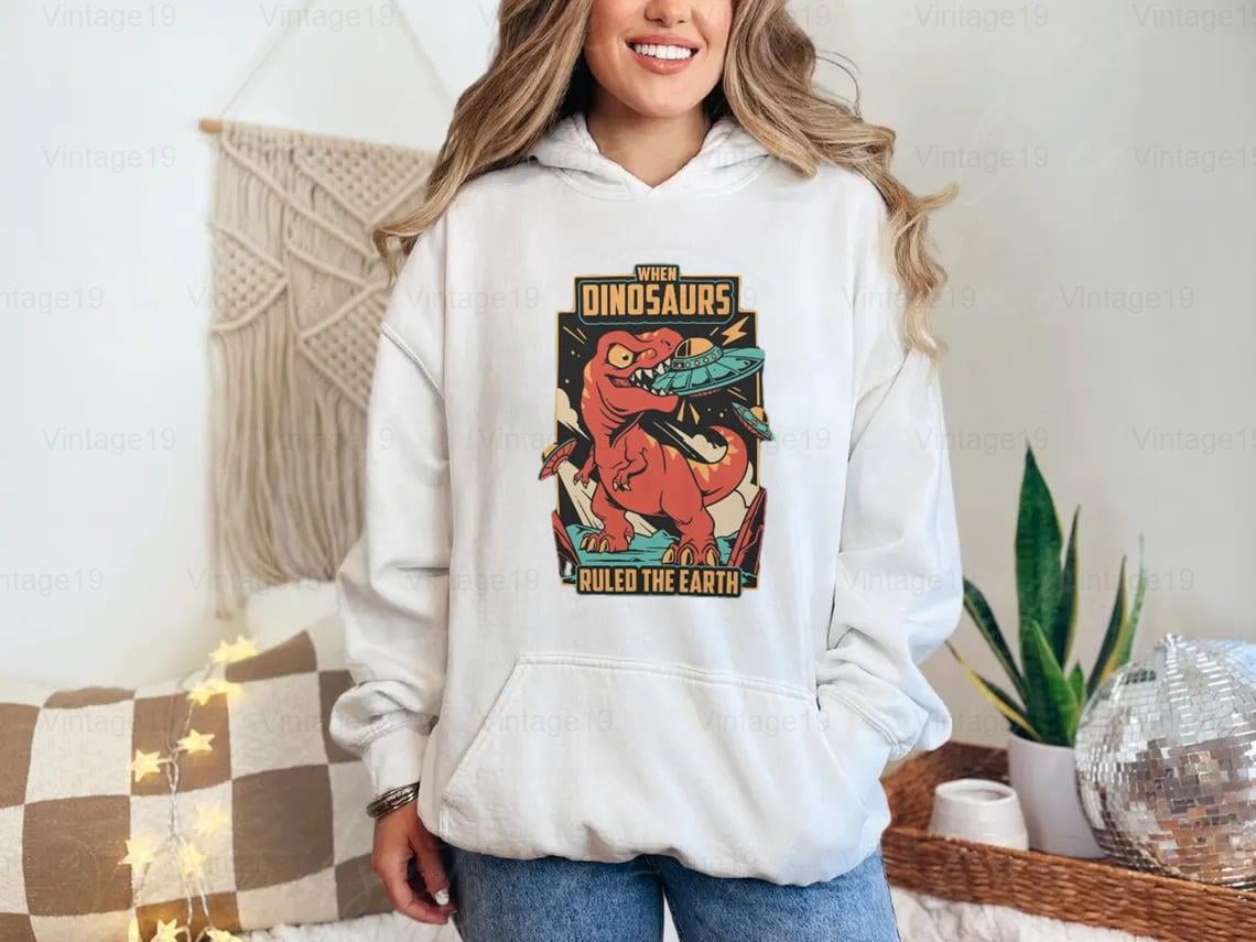 Jurassic Contact Hoodie with UFO and T-Rex Cosmic Battle, for men ...