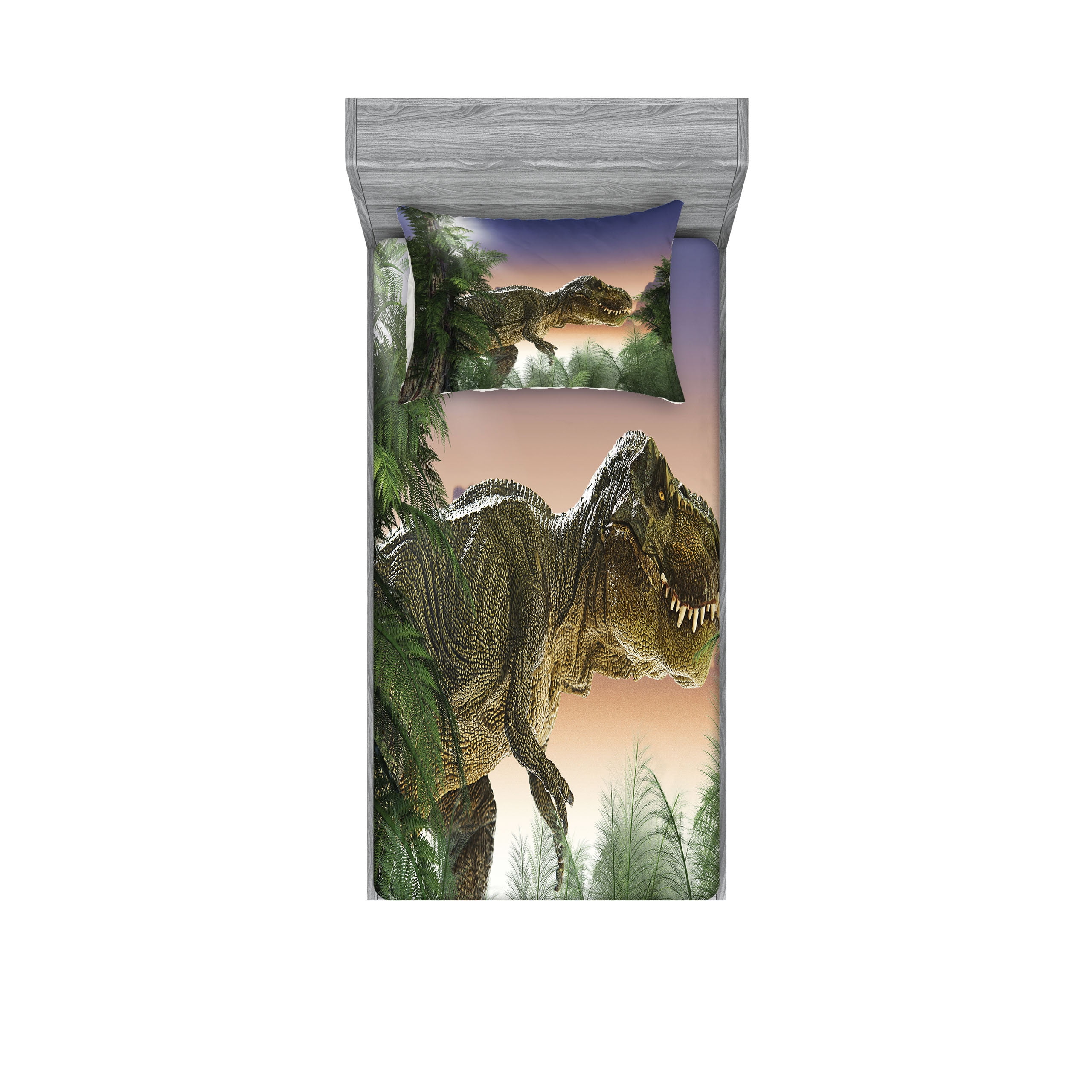 Jurassic Fitted Sheet & Pillow Sham Set, Dinosaur in the Jungle Trees ...