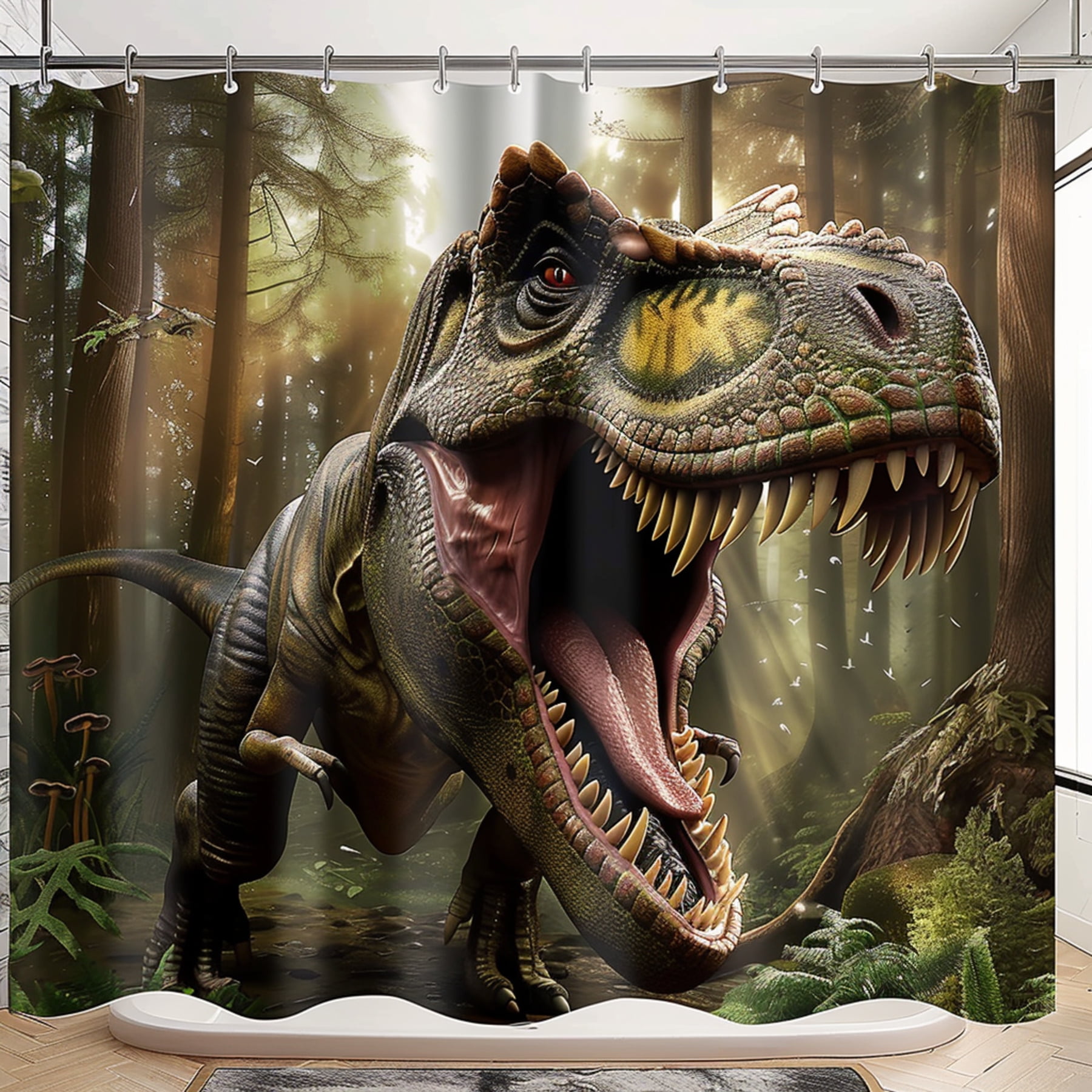 Jurassic Jungle Shower Curtain Hyper Realistic TRex Design Dinosaur ...