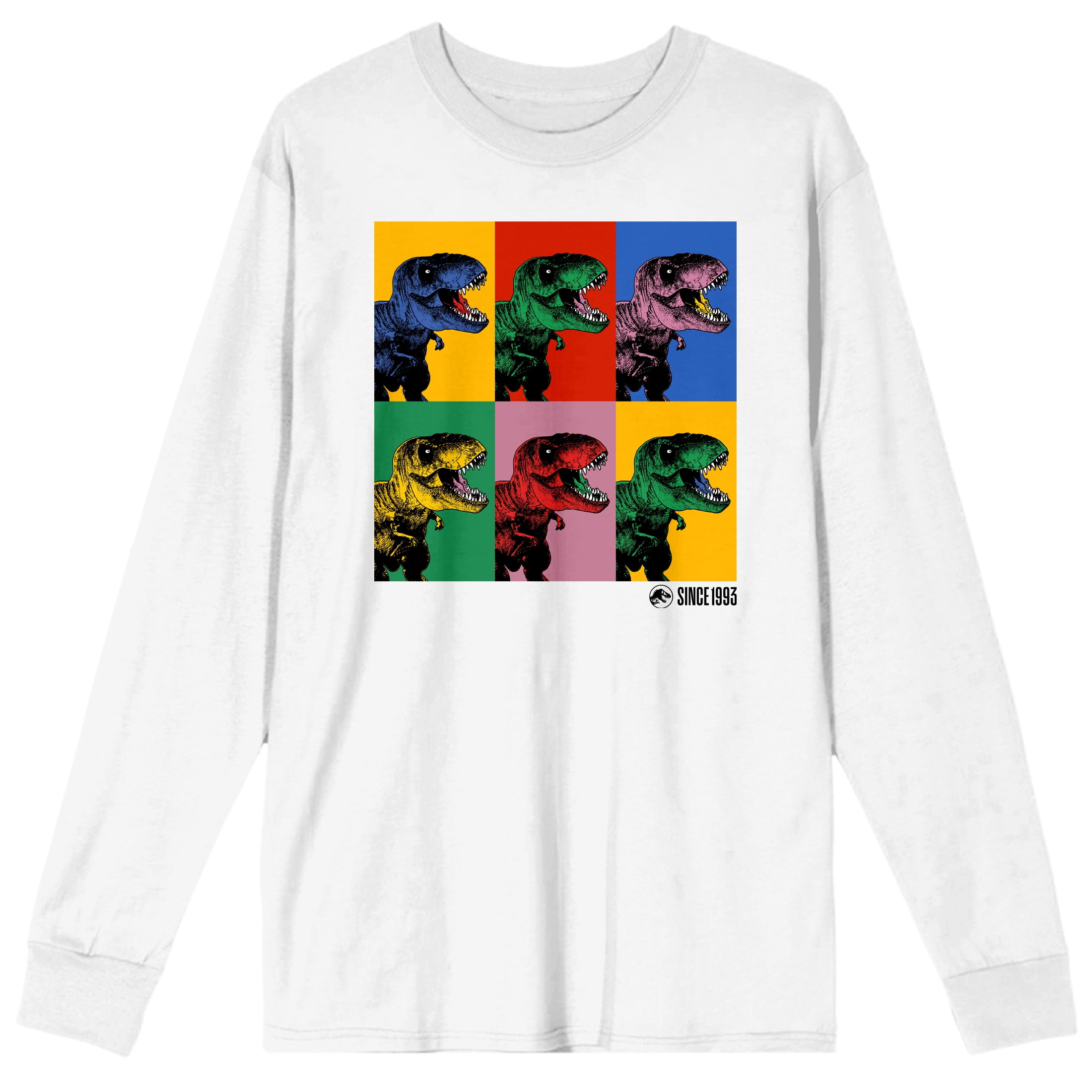Jurassic Park Colorful T-Rex Squares Crew Neck Long Sleeve Men's White ...