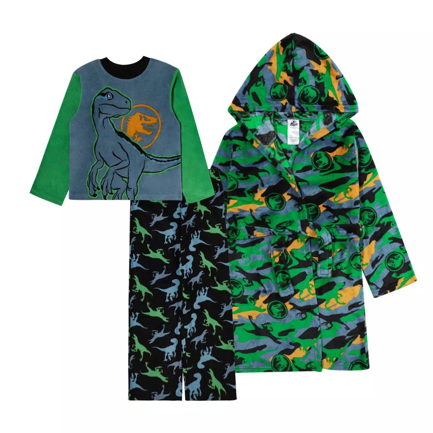 Jurassic World Boy's Dinosaur Plush Fleece Hooded Robe and Pajama Set ...
