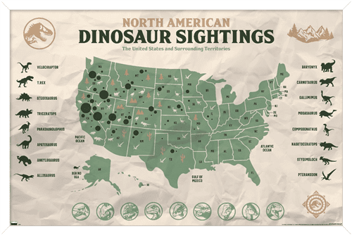 Jurassic World: Dominion - North American Dinosaur Map Wall Poster, 14. ...