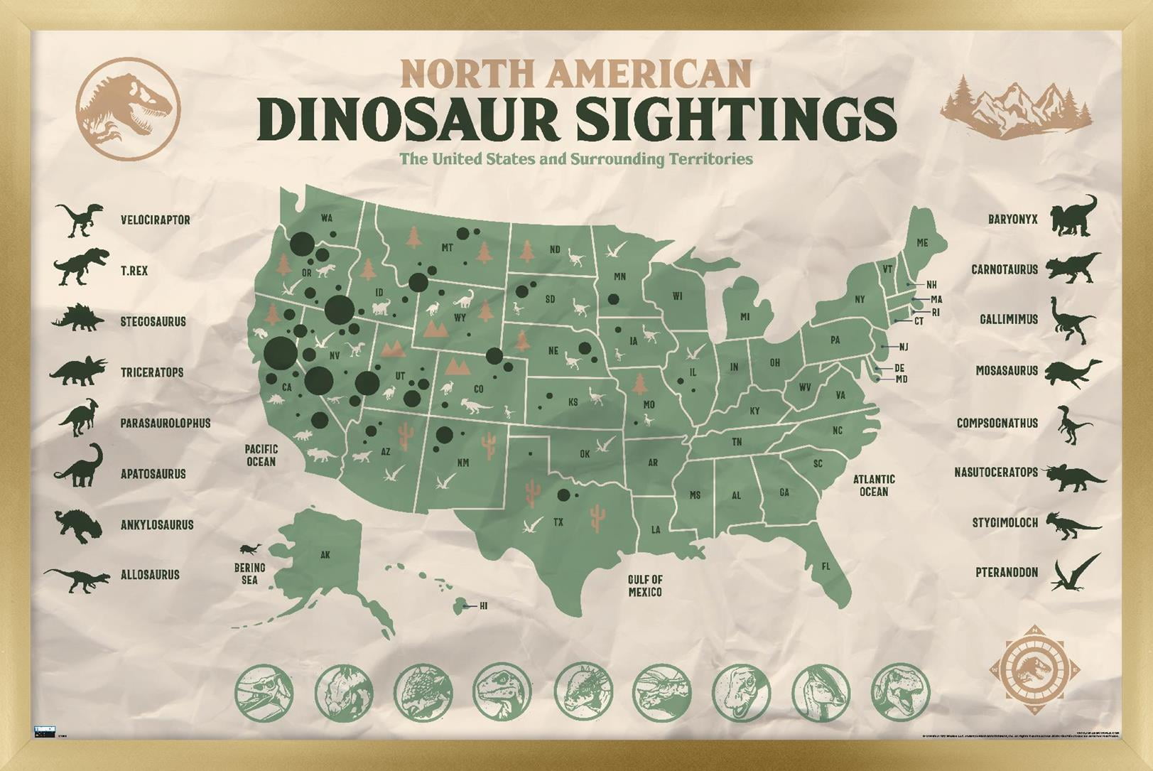 Jurassic World: Dominion - North American Dinosaur Map Wall Poster, 22. ...