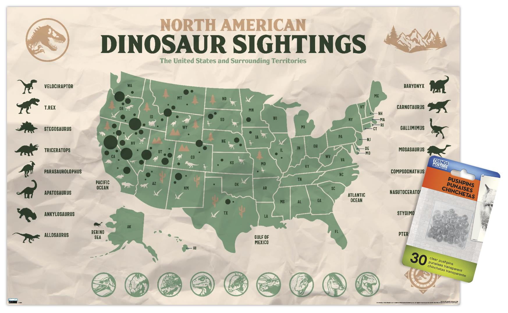 Jurassic World: Dominion - North American Dinosaur Map Wall Poster with ...