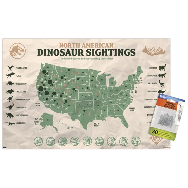 Jurassic World: Dominion - North American Dinosaur Map Wall Poster with ...