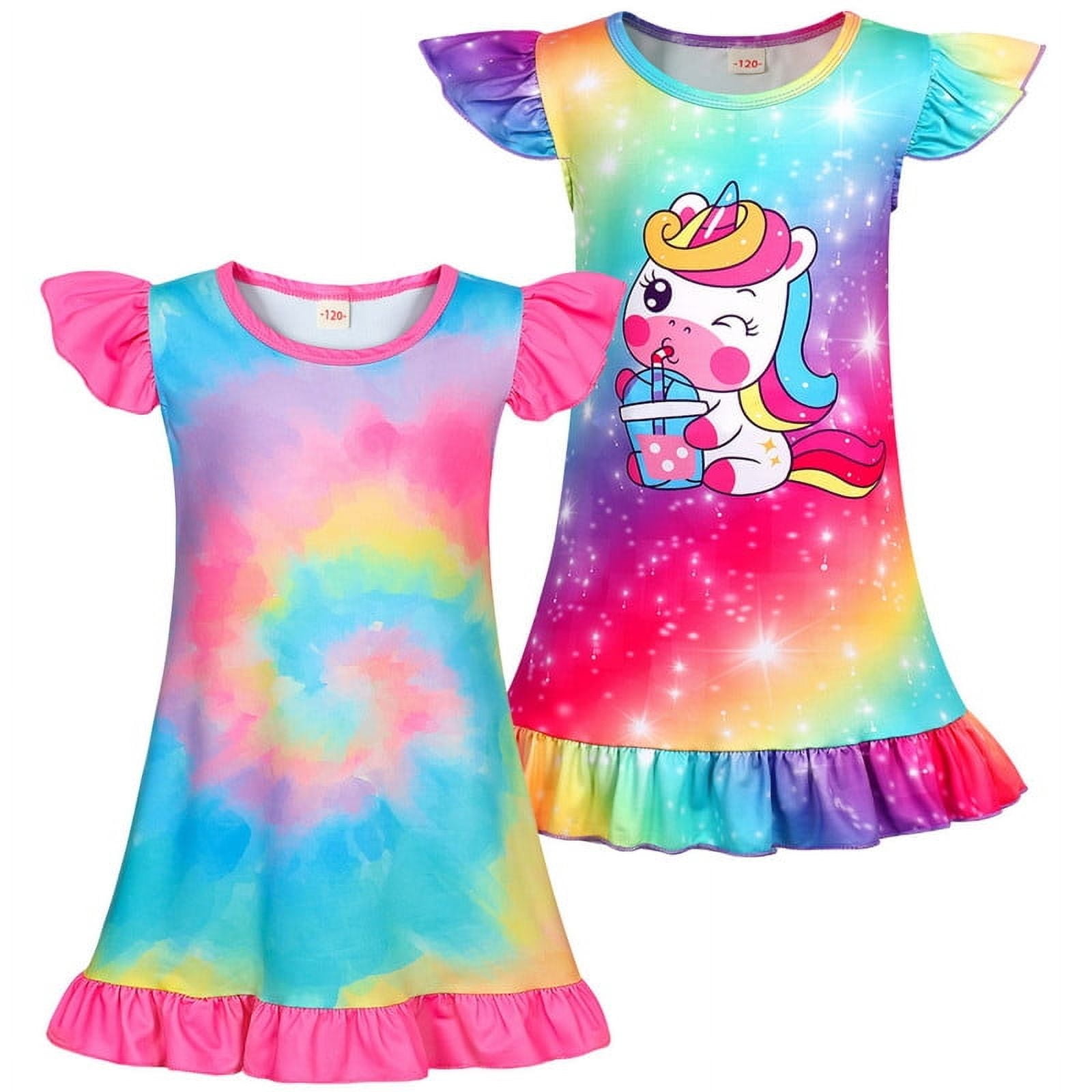 Jurebecia 2 Pcs Girls Nightgowns Rainbow Unicorn Short Sleeve Sleepwear ...