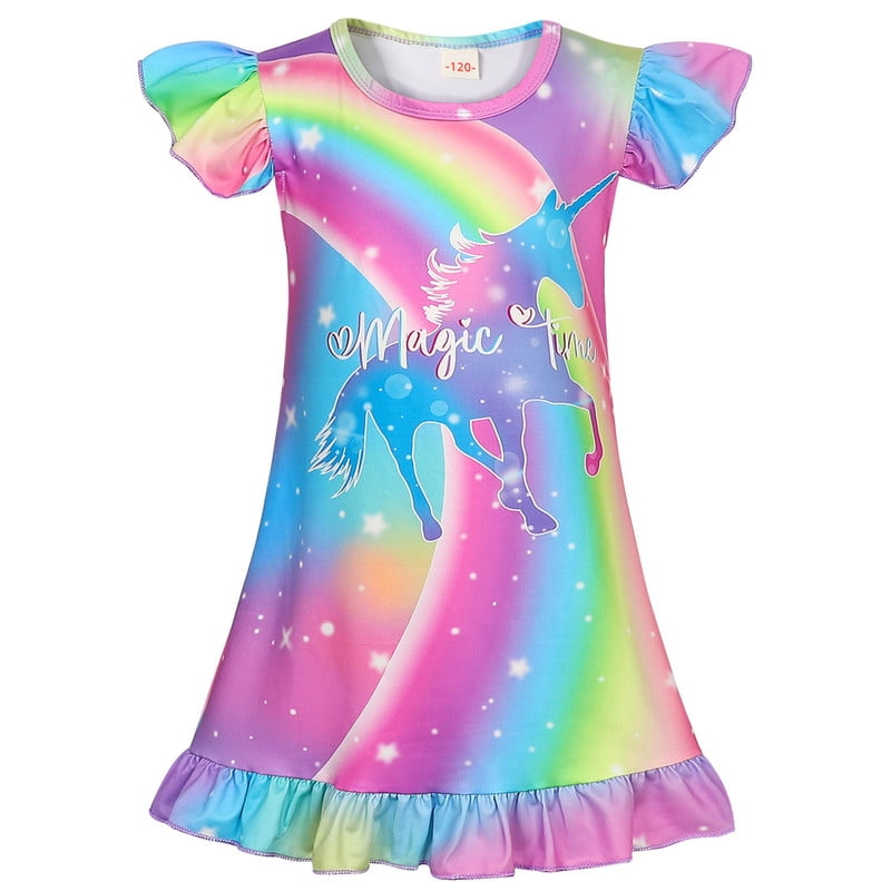 Jurebecia Girls Nightgowns Rainbow Sleepwear Night Sleep Dress Flutter ...