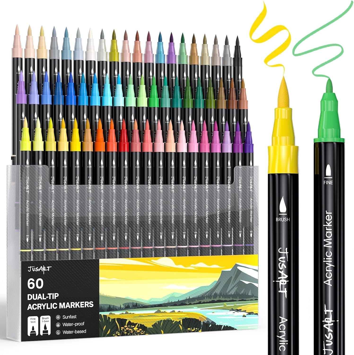 JusArt 60 Colors Dual Tip Acrylic Paint Pens Markers, Brush and Fine ...