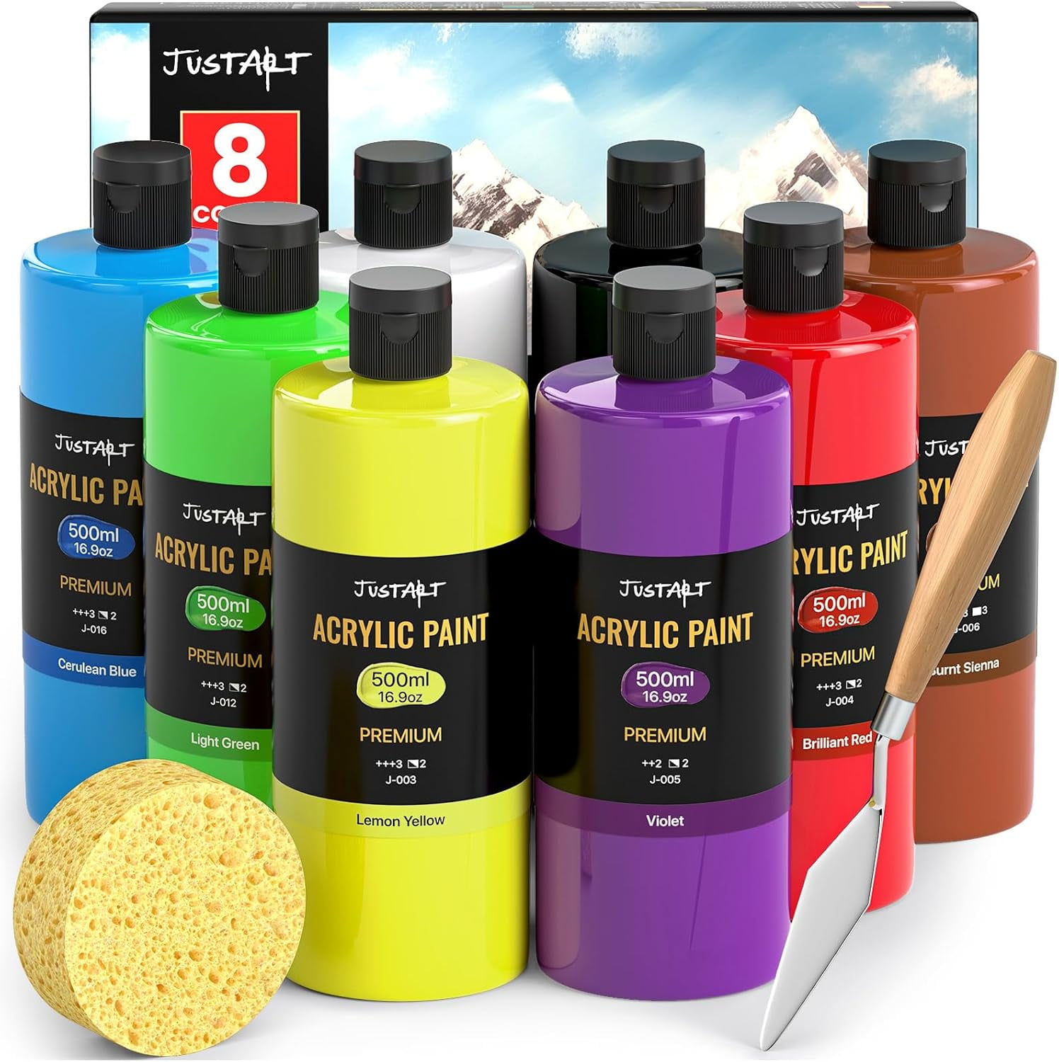 JusArt Beginner Acrylic Paint Set, 8 Colors (16.9oz/500ml Each) Bulk ...
