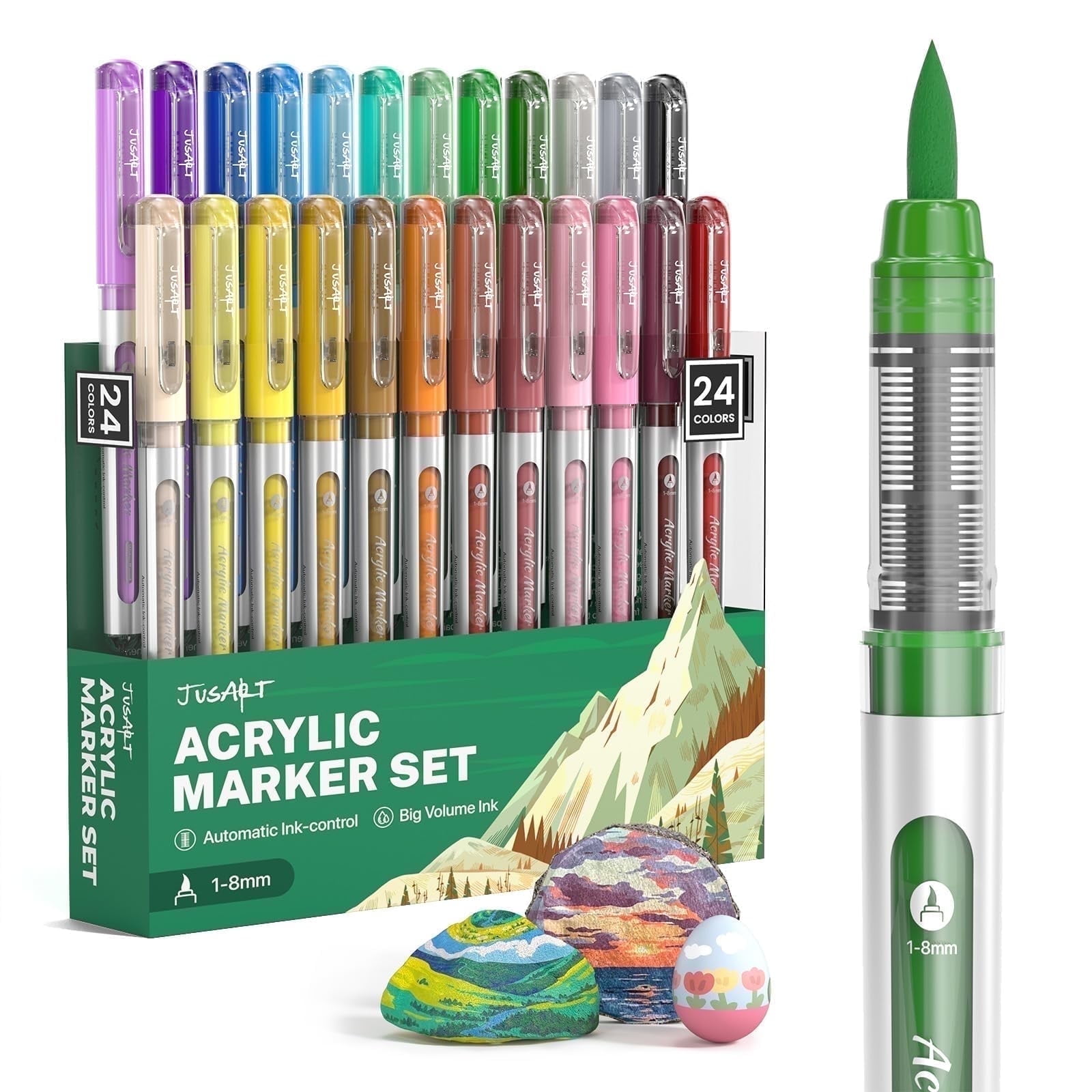 JusArt Acrylic Paint Markers Brush Tip 24 Colors, Water-Based No-Bleed ...
