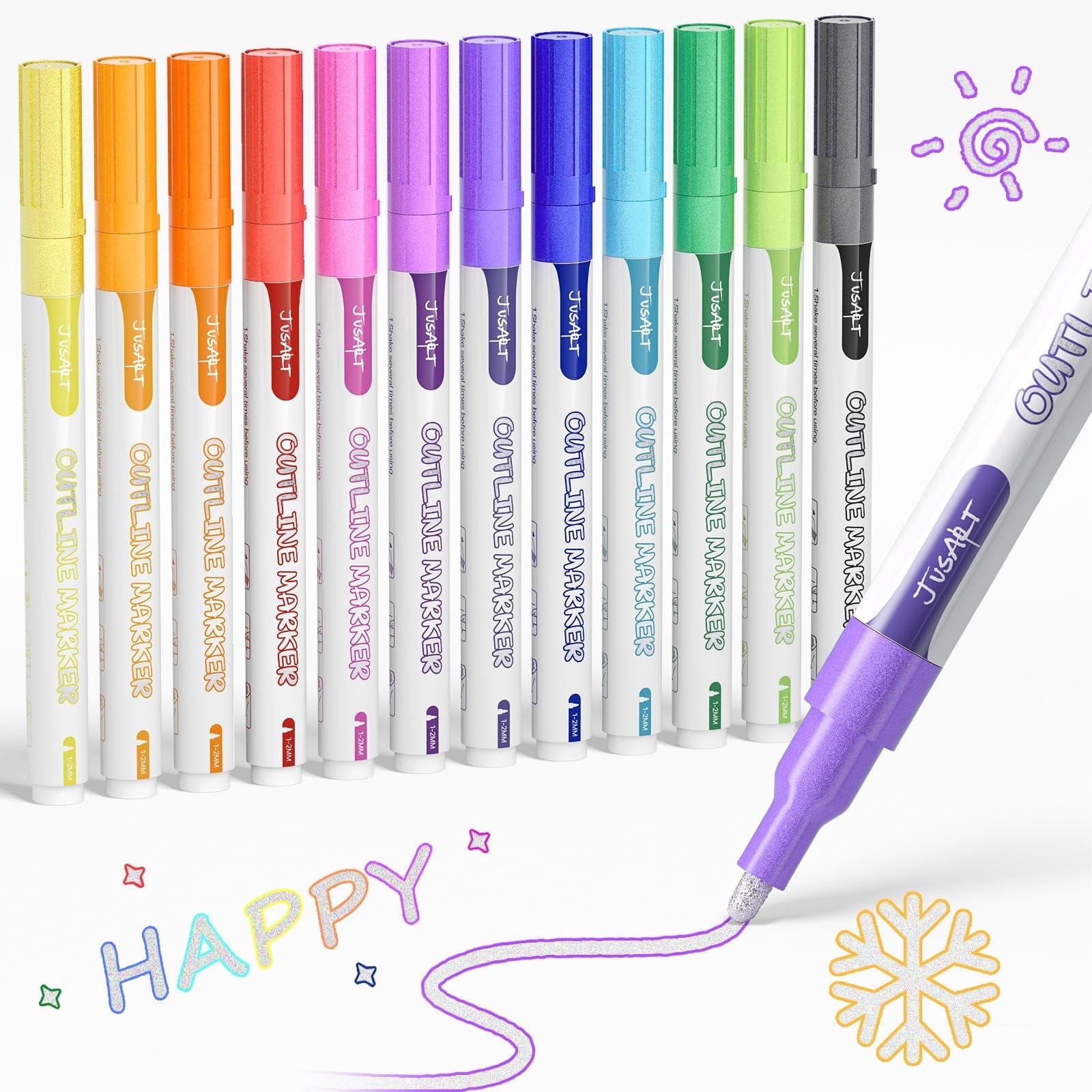 JusArt Outline Markers 12 Colors, Double Line Glitter Markers for ...