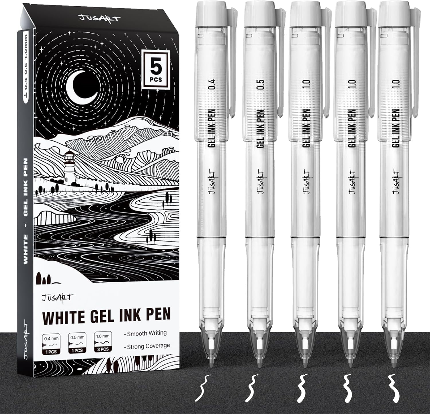 JusArt White Gel Pens with 0.4mm, 0.5mm & 1.0mm Assorted Tips, Opaque ...