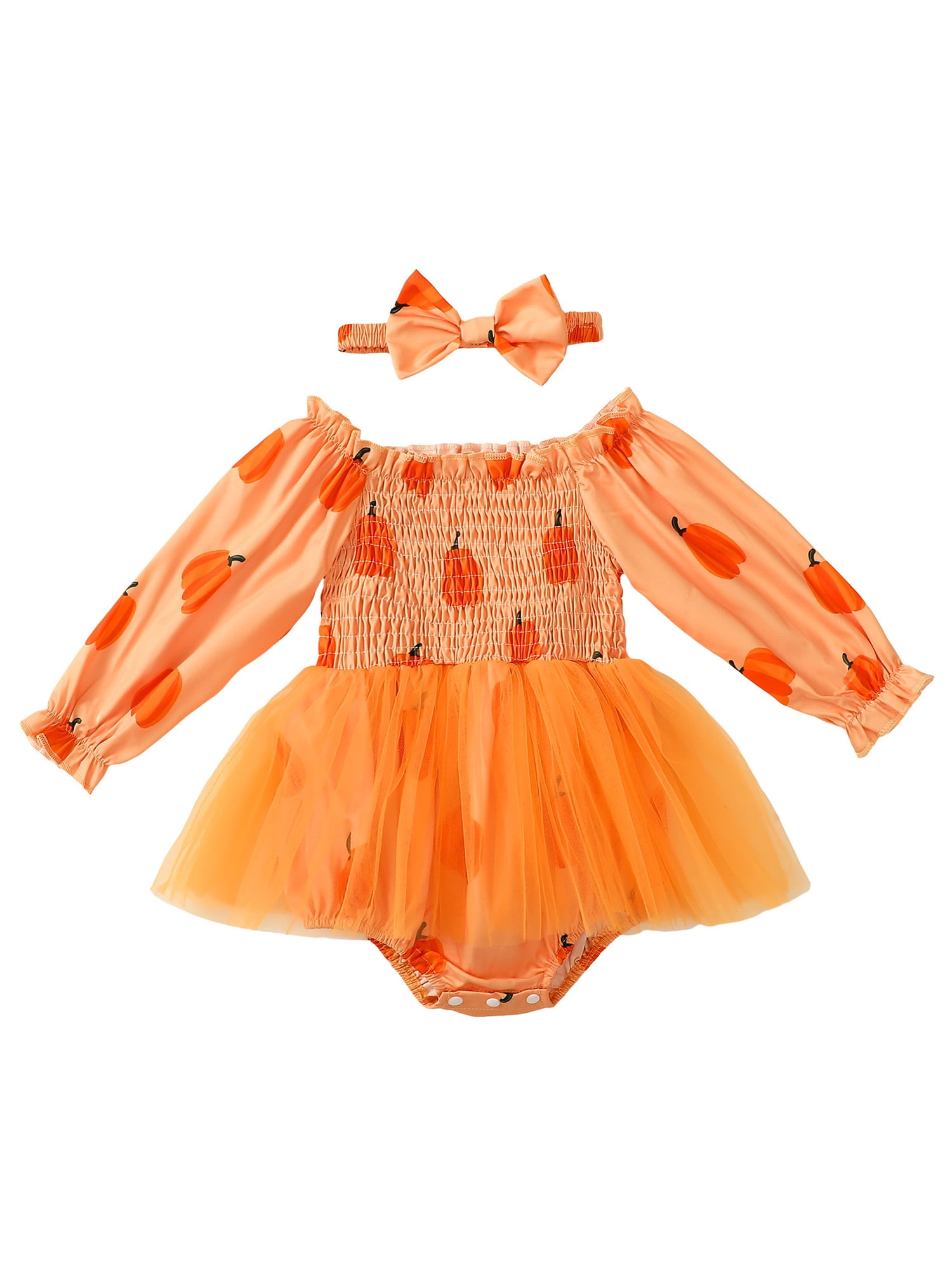 Jusbysis Baby Girl Halloween Romper Dress Ghost/Pumpkin Print Elastic Neckline Long Sleeve Tulle ...