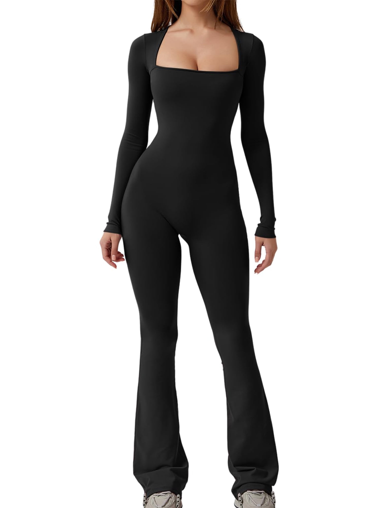 Jusbysis Flare Jumpsuits for Women Square Neck Bodysuit One Piece Full ...