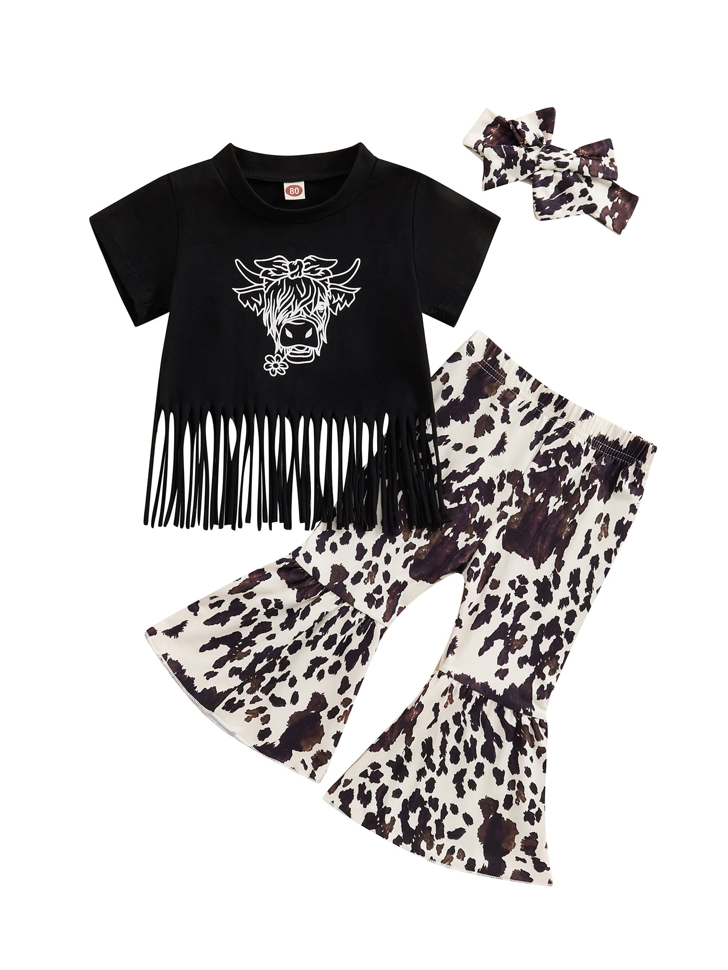 Jusbysis Little Girl Summer Cowgirl Set Letter Print Short Sleeve Tassel Hem Tops Cow Print ...