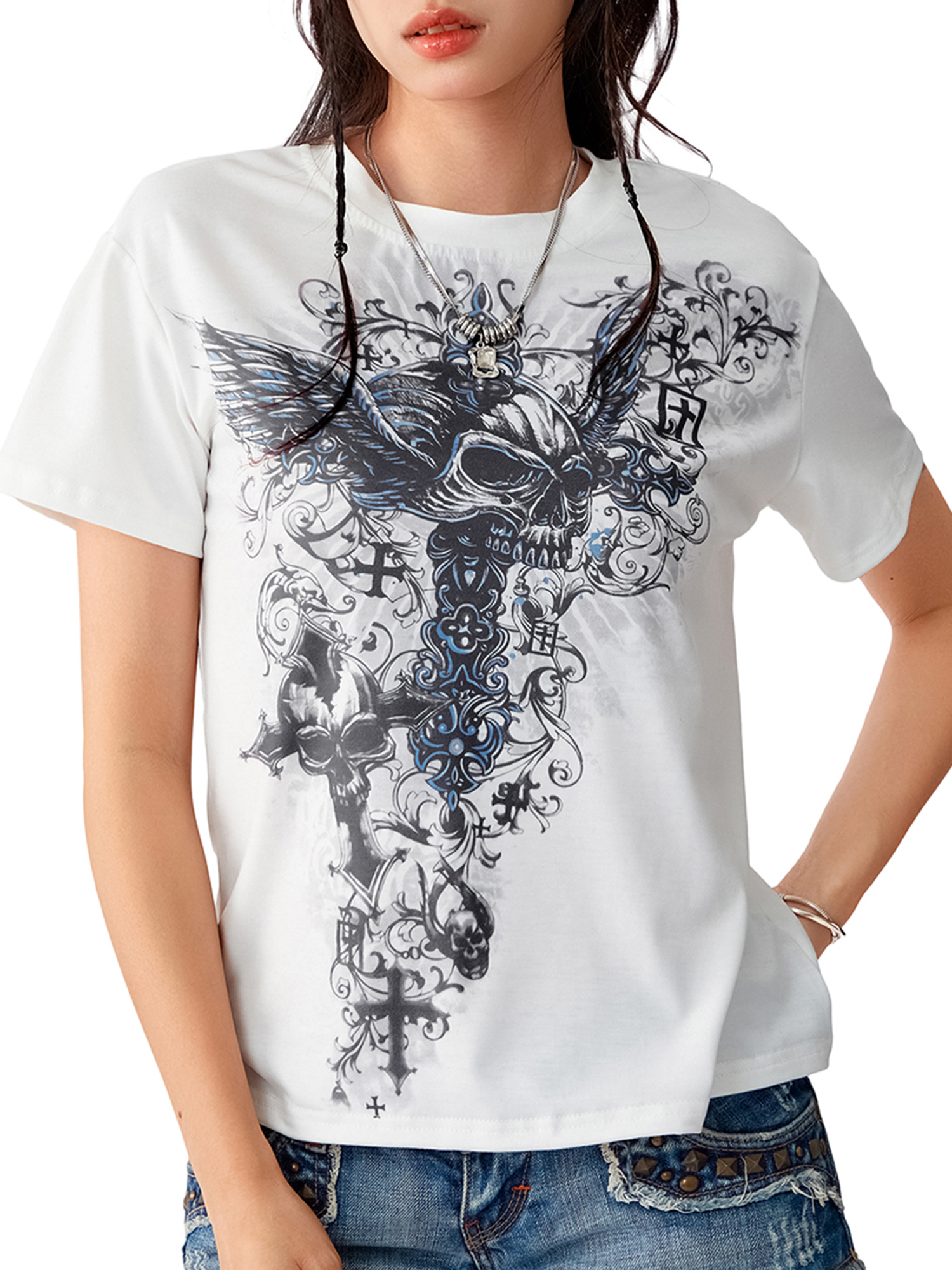 Jusbysis Women Juniors Grunge Short Sleeve T-Shirts Goth Skull Print ...