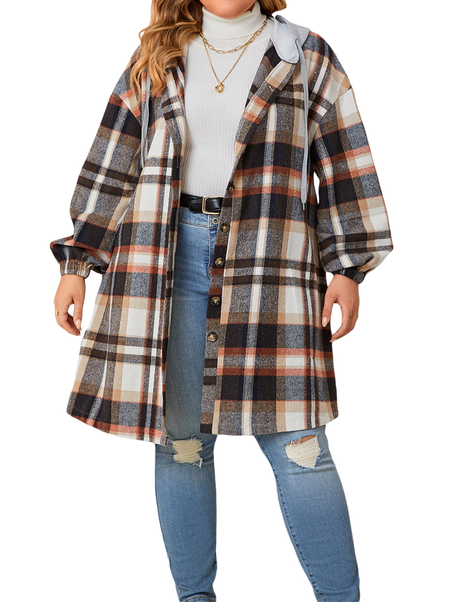 Jusbysis Women Plus Size Hooded Plaid Shirt Jackets Long Sleeve ...